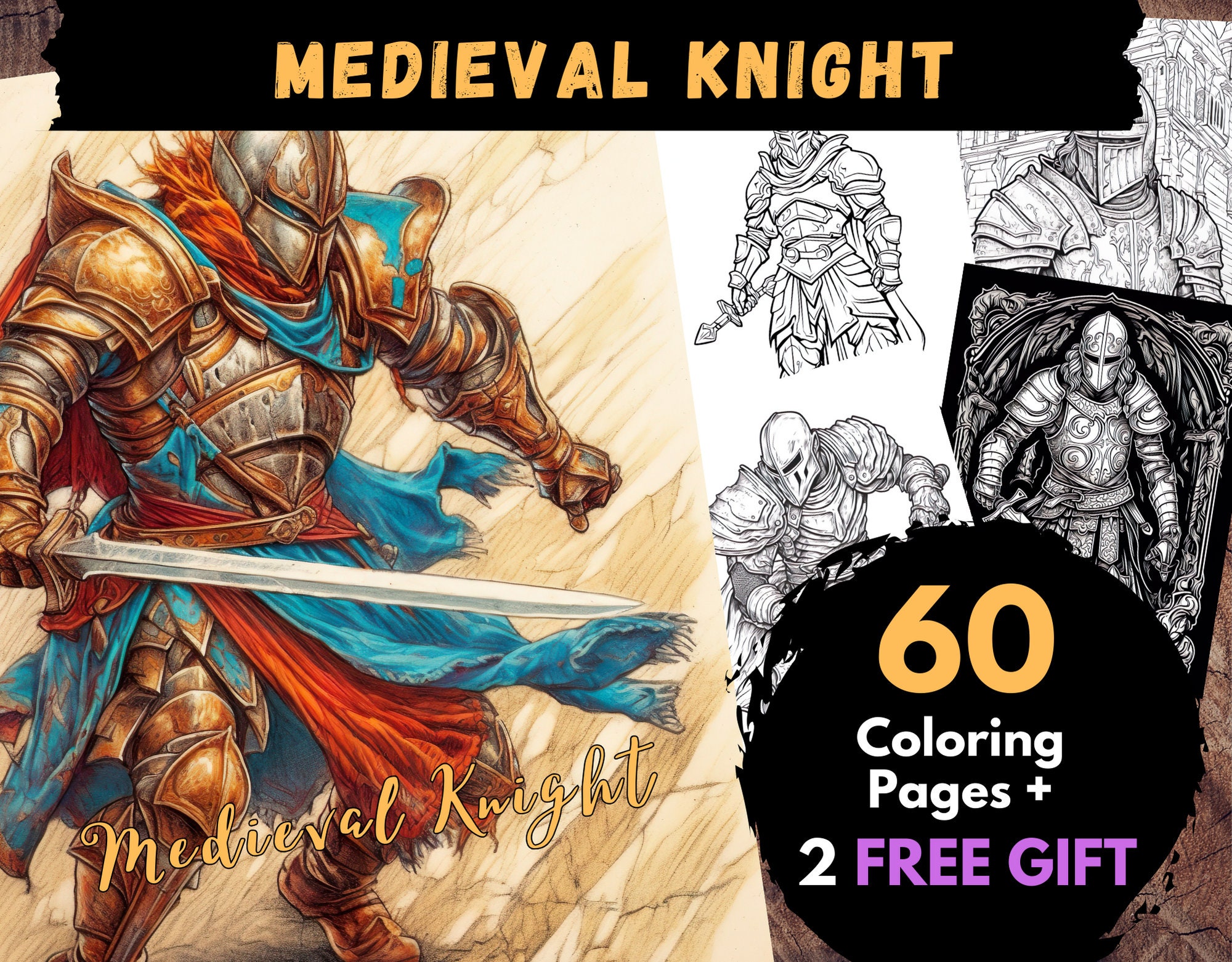60 Medieval Knight Coloring Page, Adults Kids Digital Coloring Sheets ...