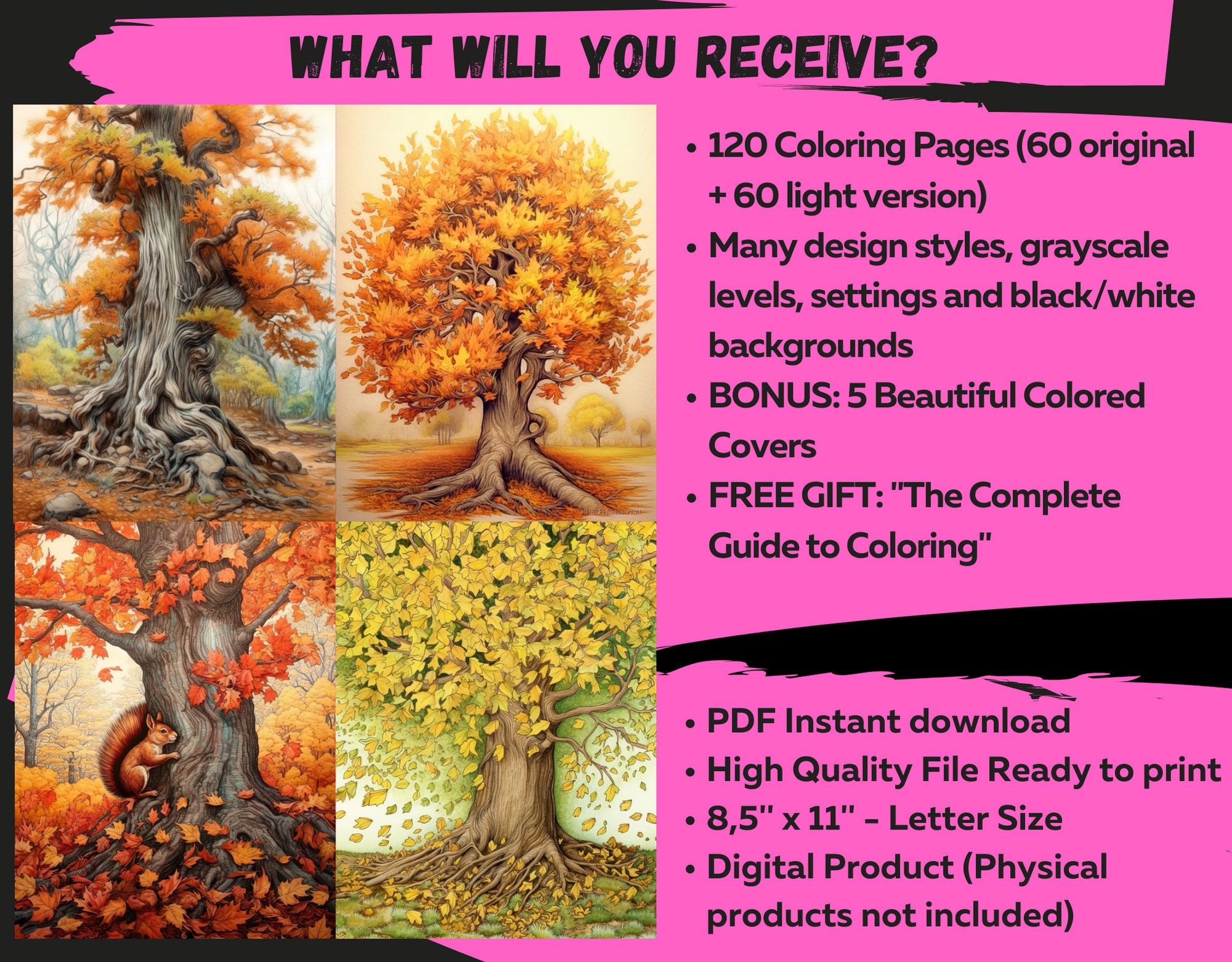 60 Autumn Trees Coloring Pages, Adults Kids Digital Coloring Sheets ...