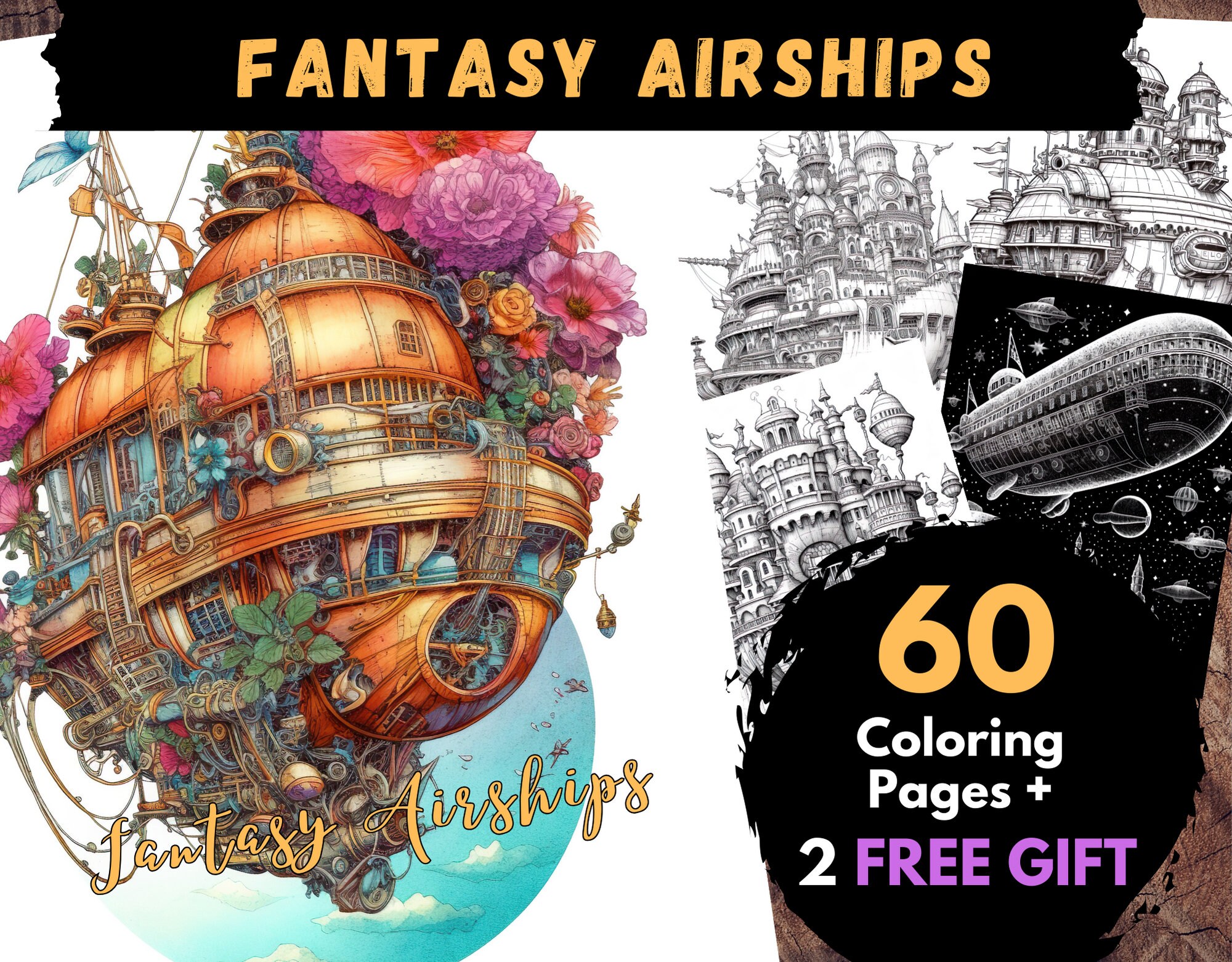 60 Fantasy Airships Coloring Pages, Adults Kids Digital Coloring Sheets - Printable PDF Book ...