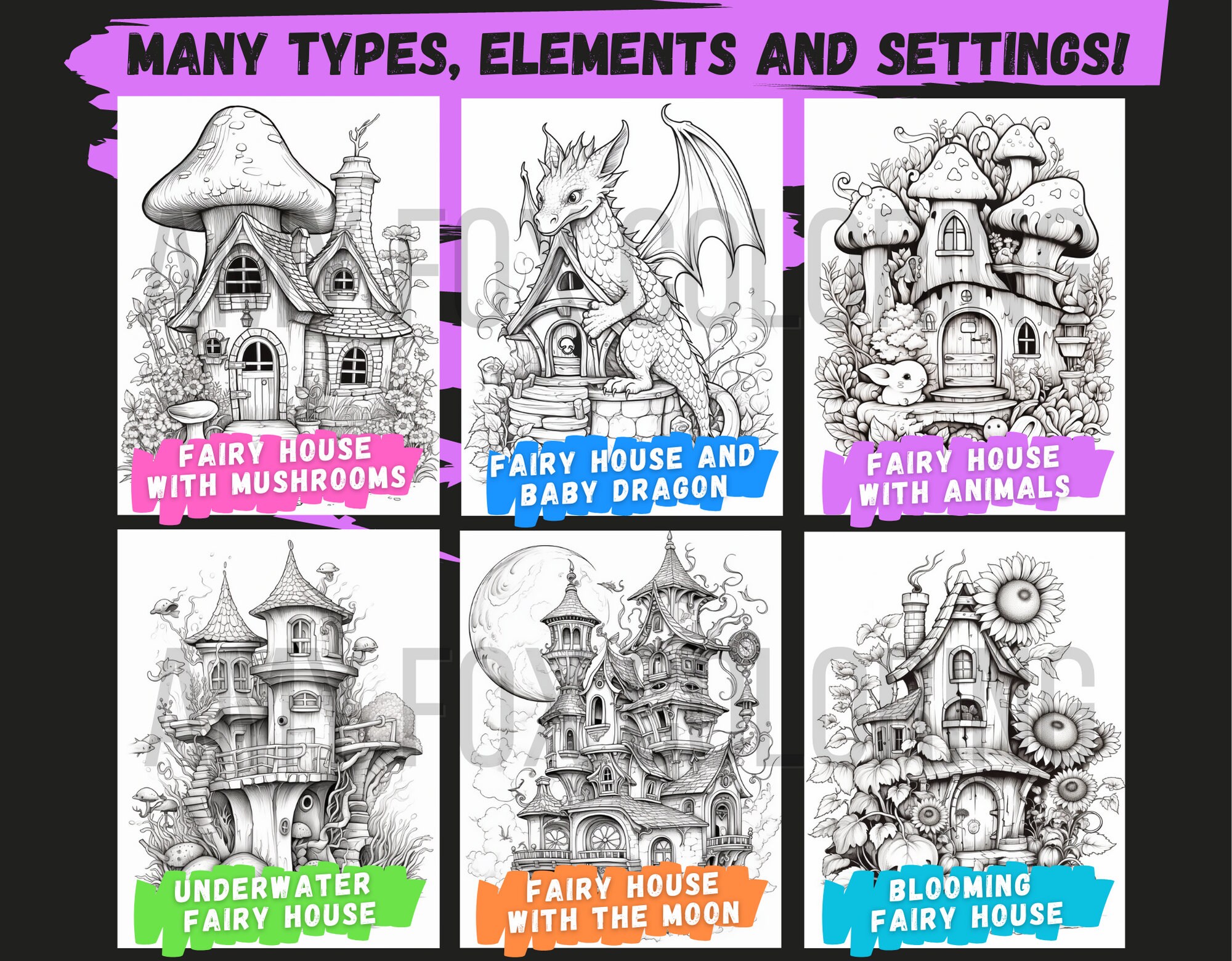 100 Beautiful Fairy Houses Coloring Pages, Adults Kids Digital Coloring ...