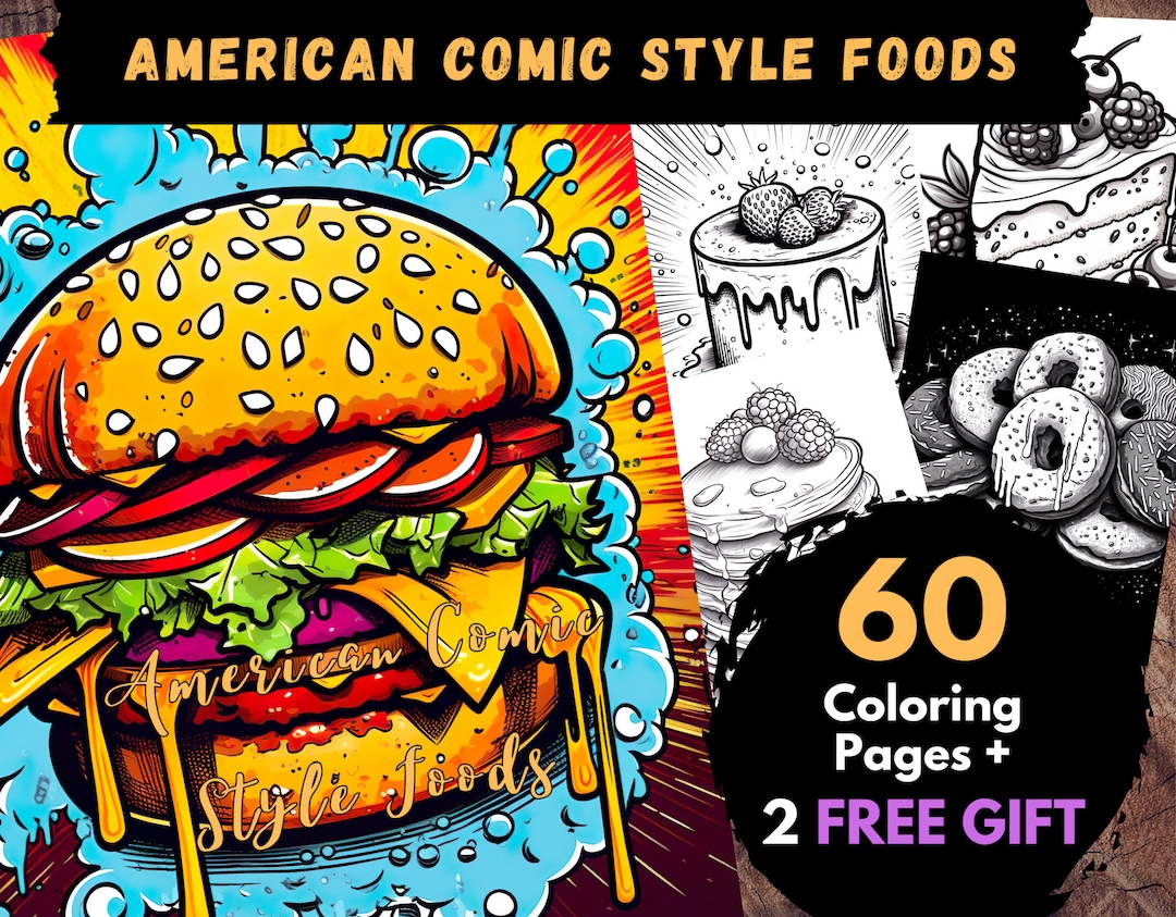 60 American Comic Style Foods Coloring Pages, Adults Kids Digital ...
