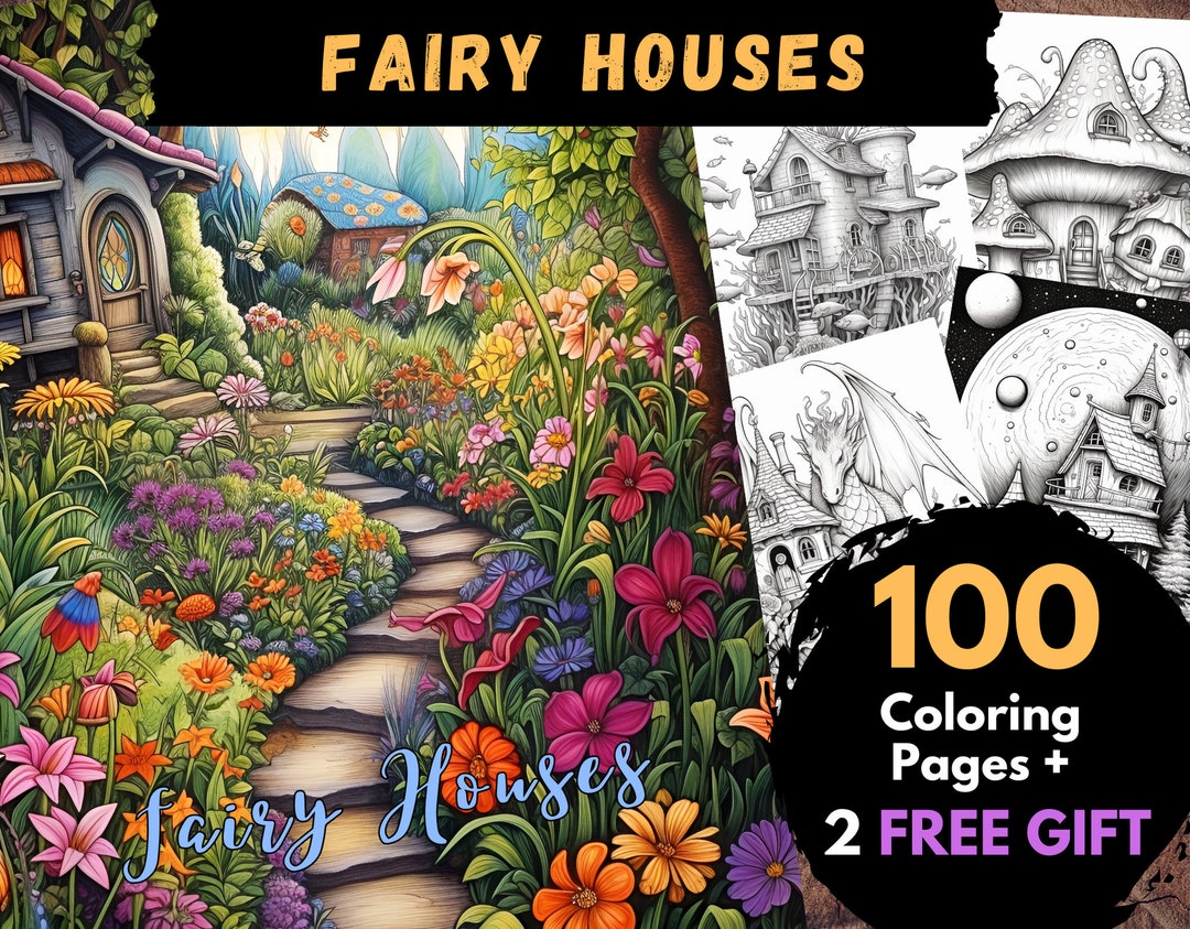 100 Beautiful Fairy Houses Coloring Pages, Adults Kids Digital Coloring ...