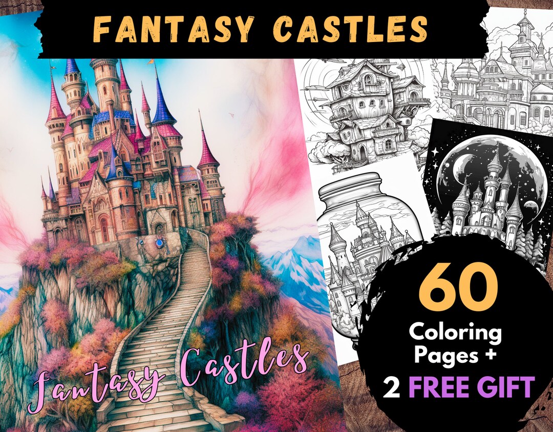 60 Fantasy Castles Coloring Pages, Adults Kids Digital Coloring Sheets ...