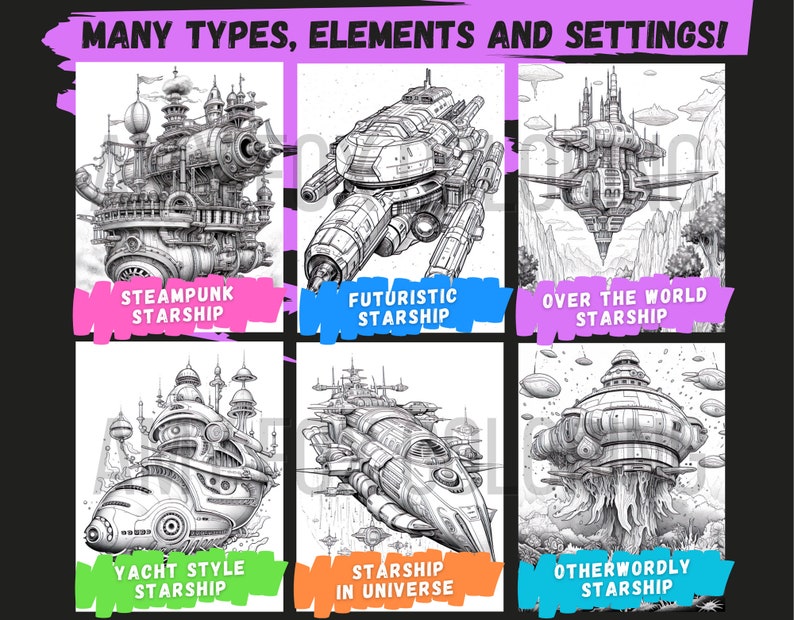 60 Fantasy Starships Coloring Pages, Adults Kids Digital Coloring ...