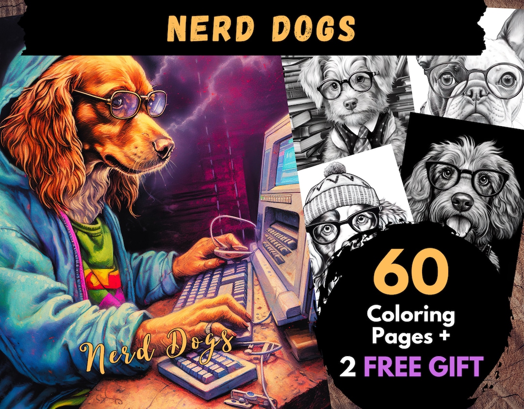 60 Nerd Dogs Coloring Pages, Adults Kids Digital Coloring Sheets ...