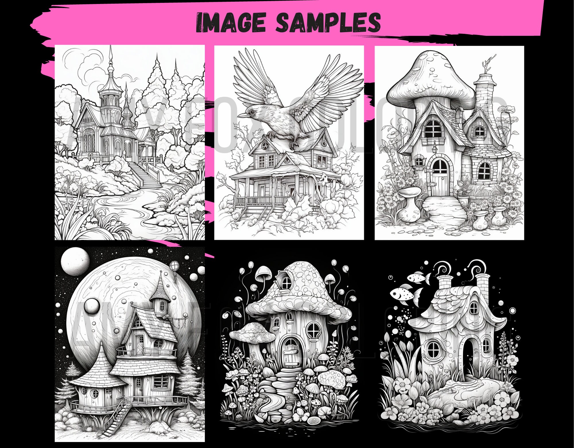 100 Beautiful Fairy Houses Coloring Pages, Adults Kids Digital Coloring ...