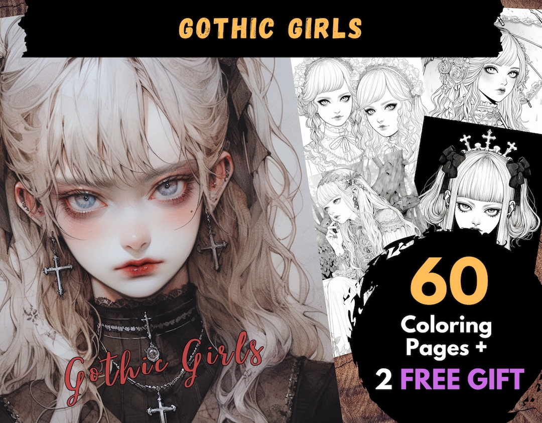 60 Gothic Girls Coloring Page, Adults Kids Digital Coloring Sheets ...
