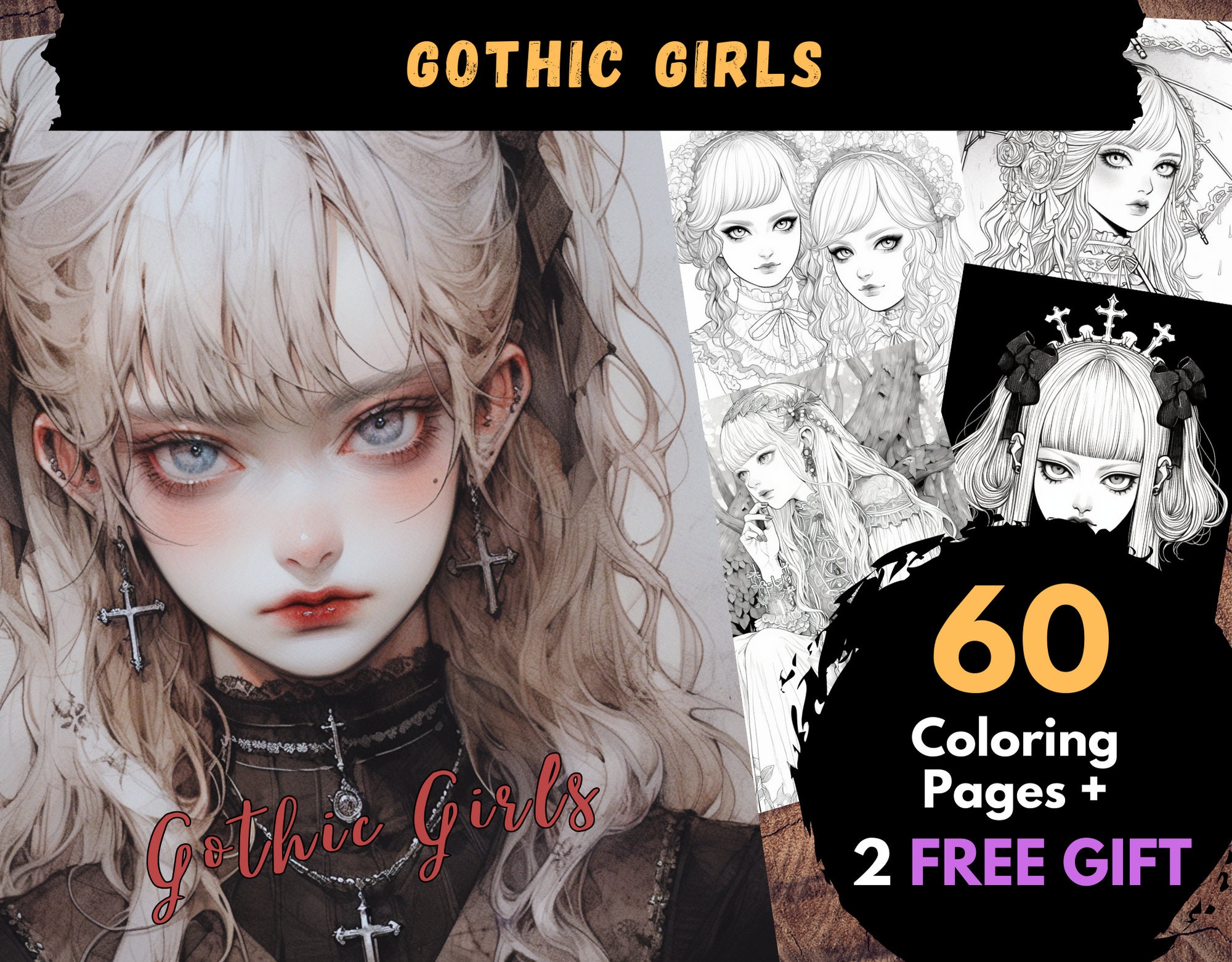 60 Gothic Girls Coloring Page, Adults Kids Digital Coloring Sheets ...