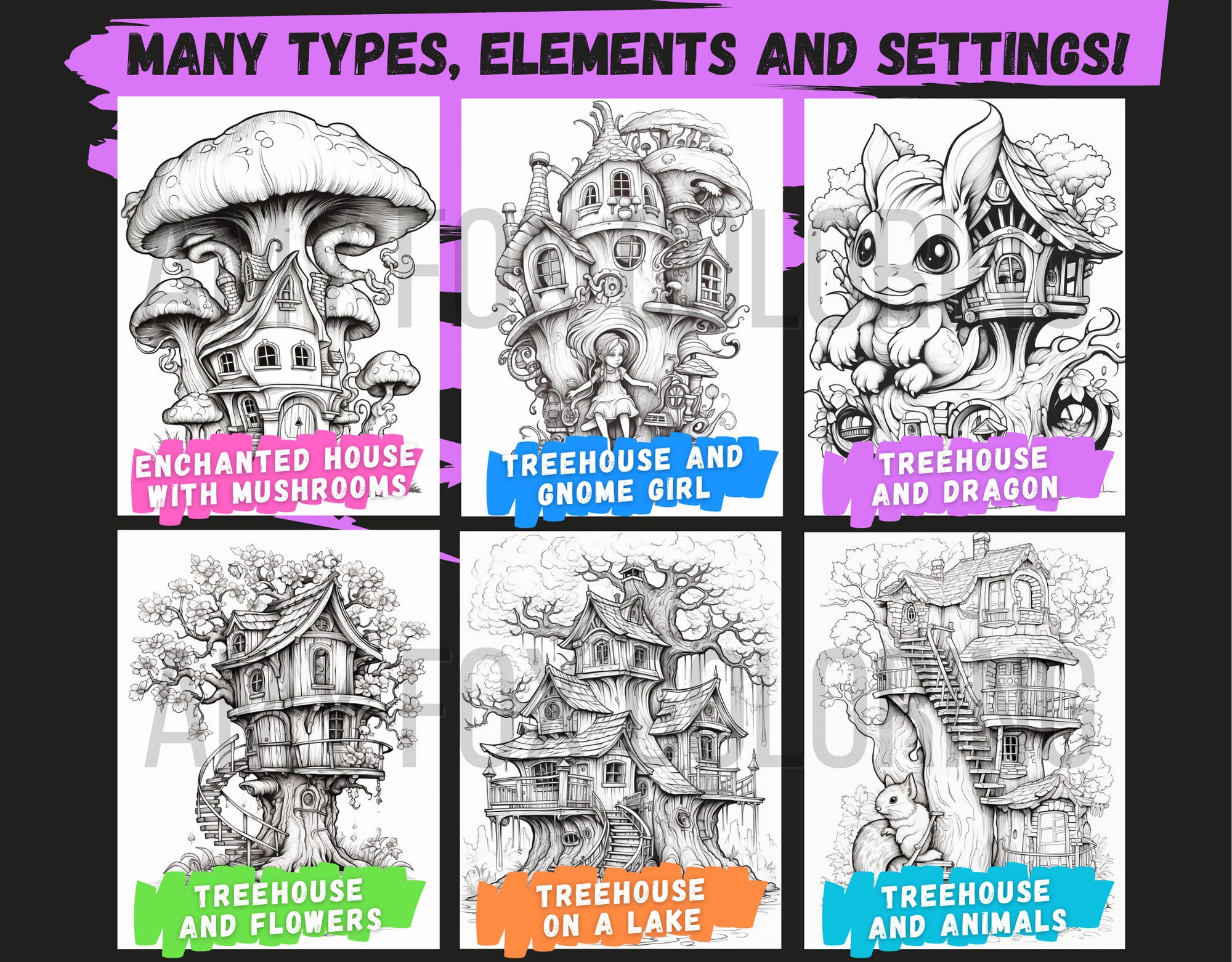 100 Enchanted Treehouse Coloring Pages, Adults Kids Digital Coloring ...