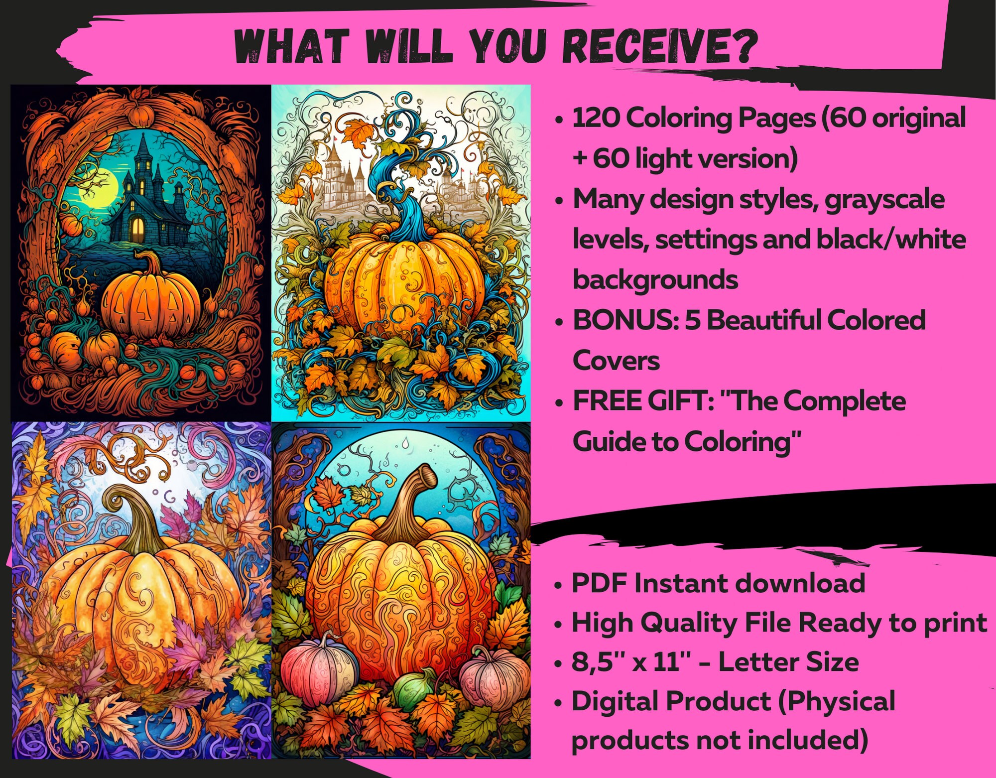 60 Fairytale Pumpkins Coloring Page, Adults Kids Digital Coloring ...