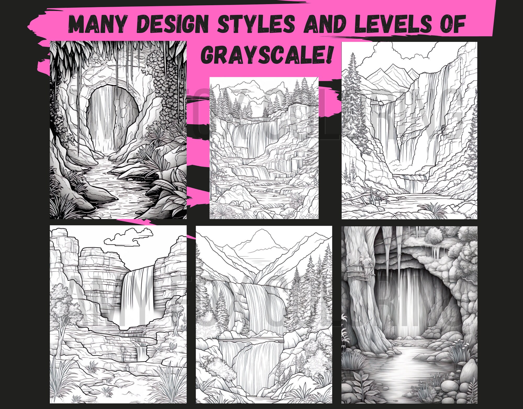 60 Realistic Waterfall Coloring Pages, Adults Kids Digital Coloring ...