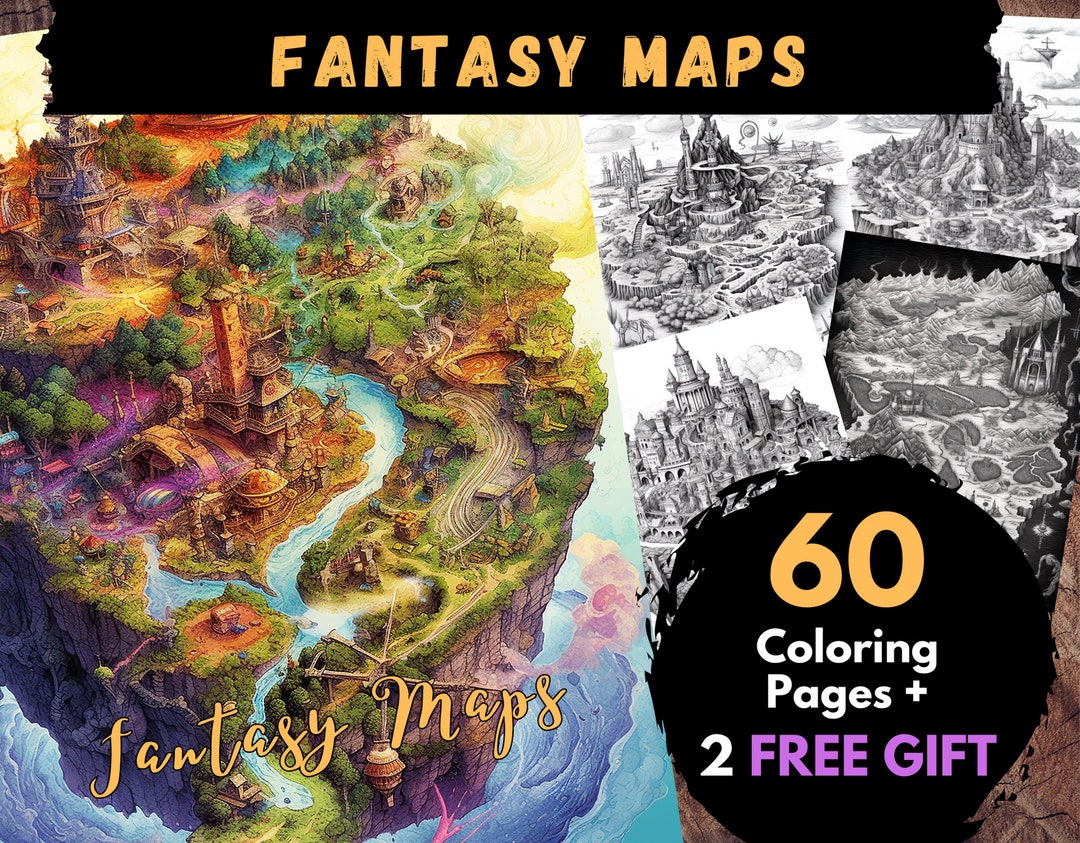 60 Fantasy Maps Coloring Pages, Adults Kids Digital Coloring Sheets ...