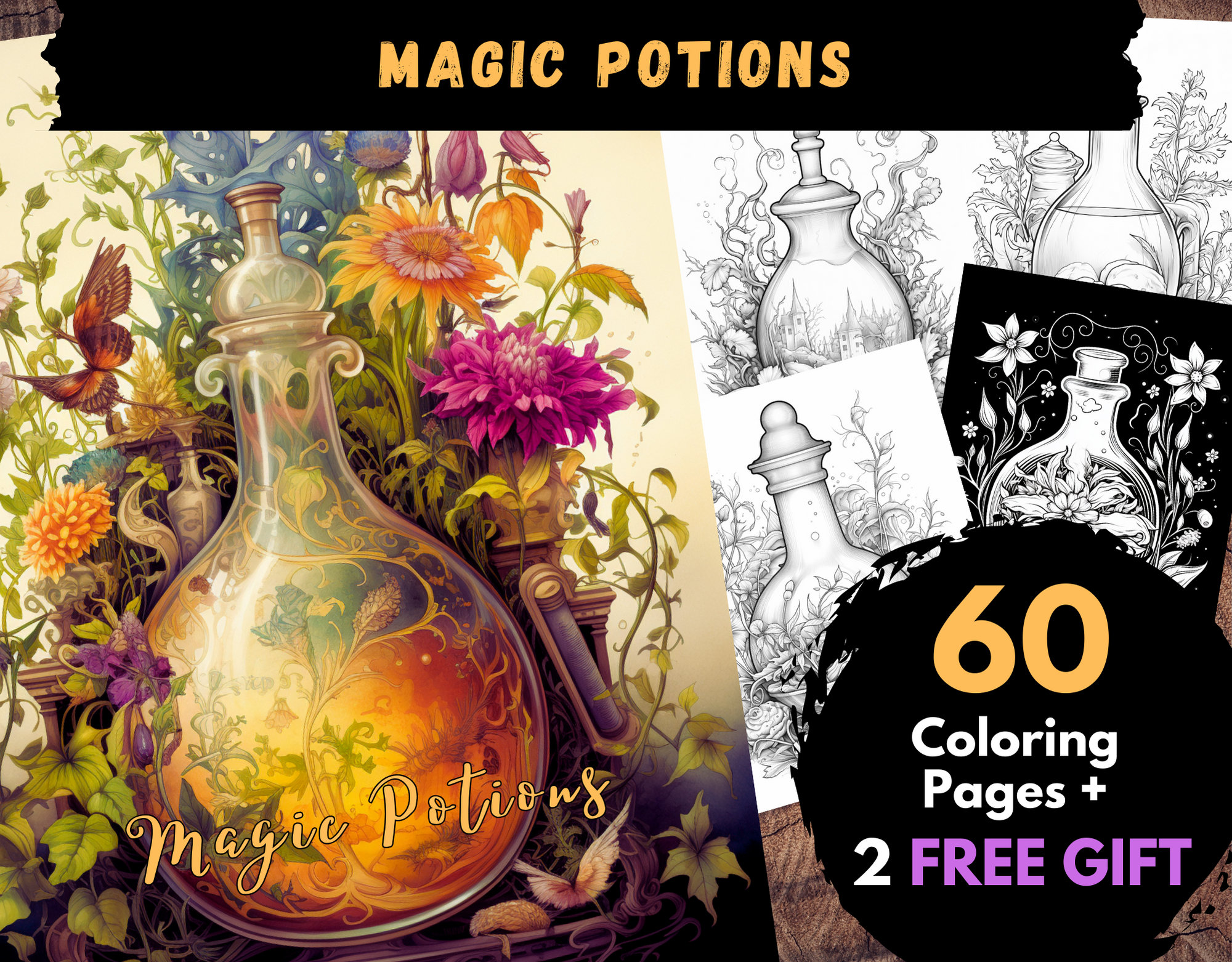 60 Magic Potions Coloring Page, Adults Kids Digital Coloring Sheets ...