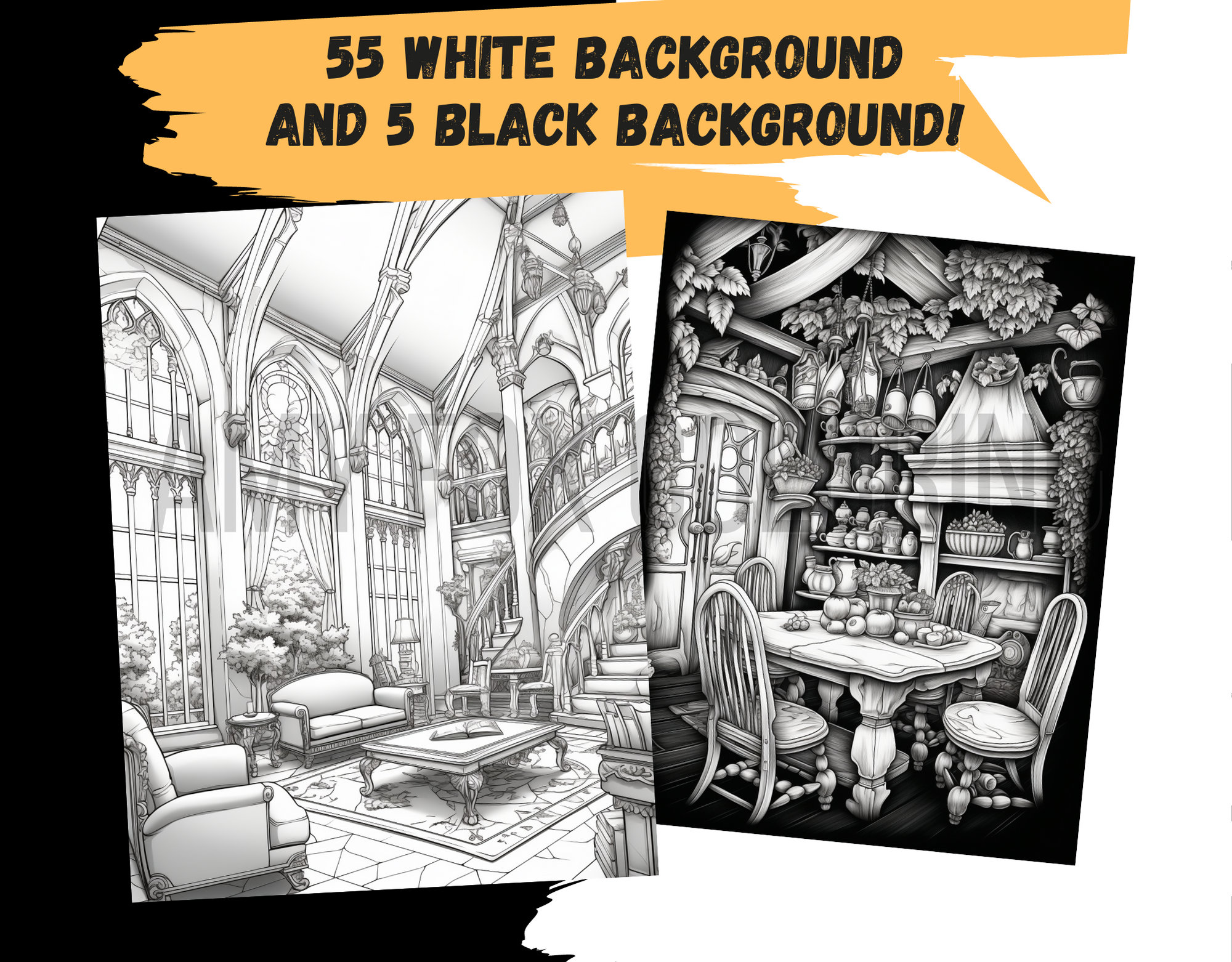 60 Fantasy Interior Coloring Pages, Adults Kids Digital Coloring Sheets ...