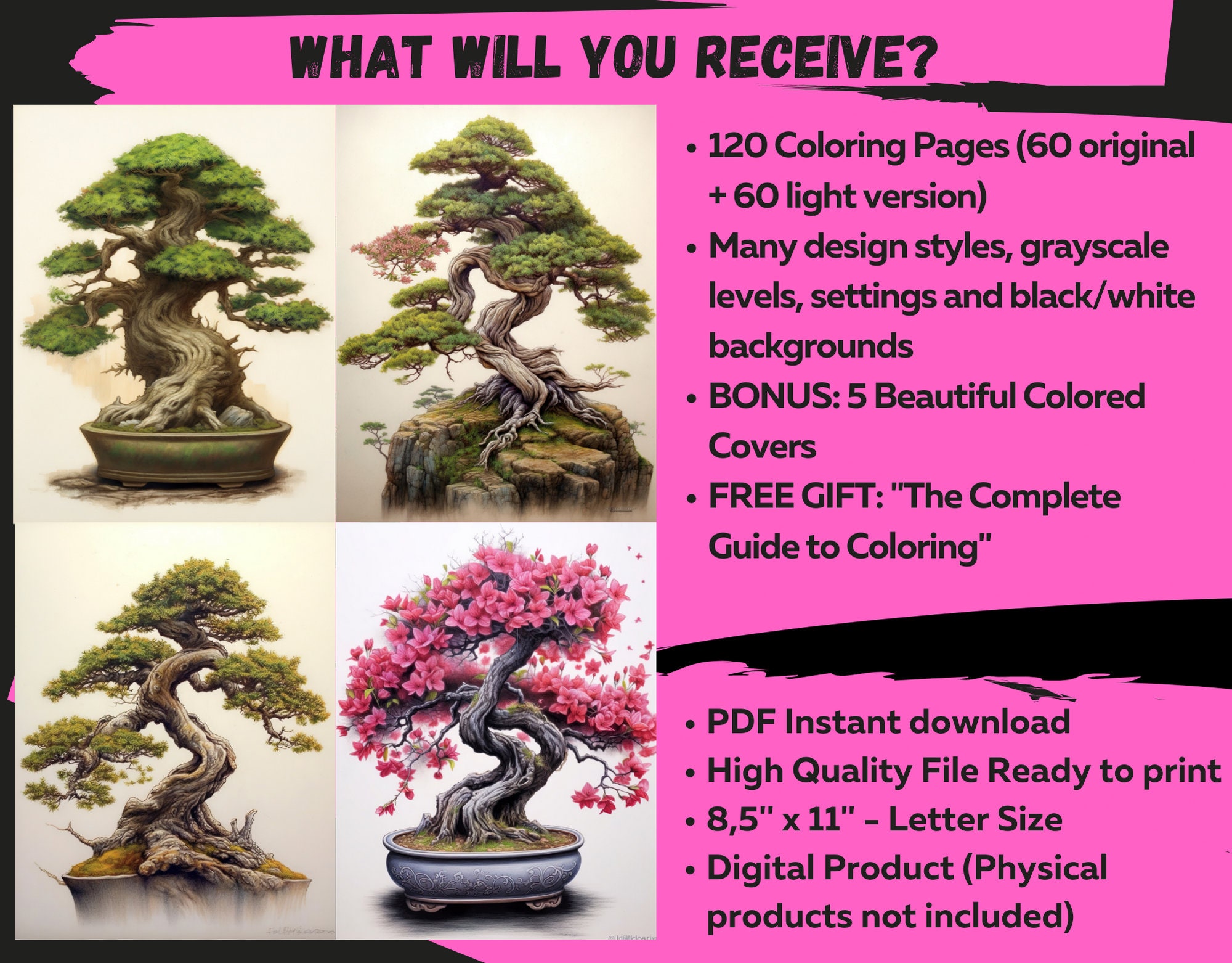 60 Bonsai Trees Coloring Pages, Adults Kids Digital Coloring Sheets ...