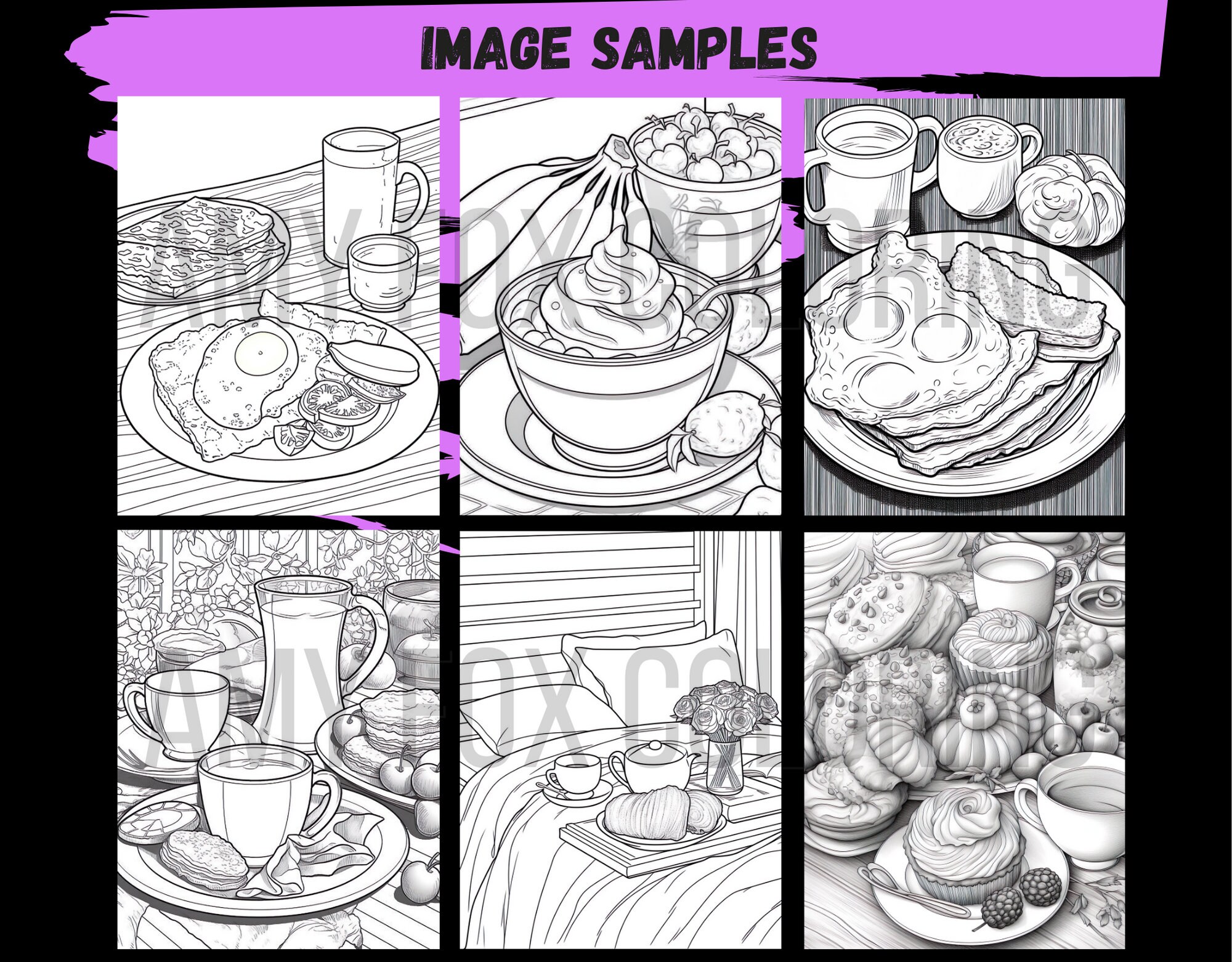 60 Tasty Breakfasts Coloring Pages, Adults Kids Digital Coloring Sheets ...