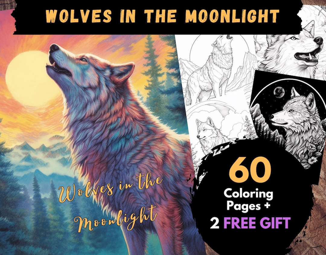 60 Wolves in the Moonlight Coloring Pages, Adults Kids Digital Coloring ...