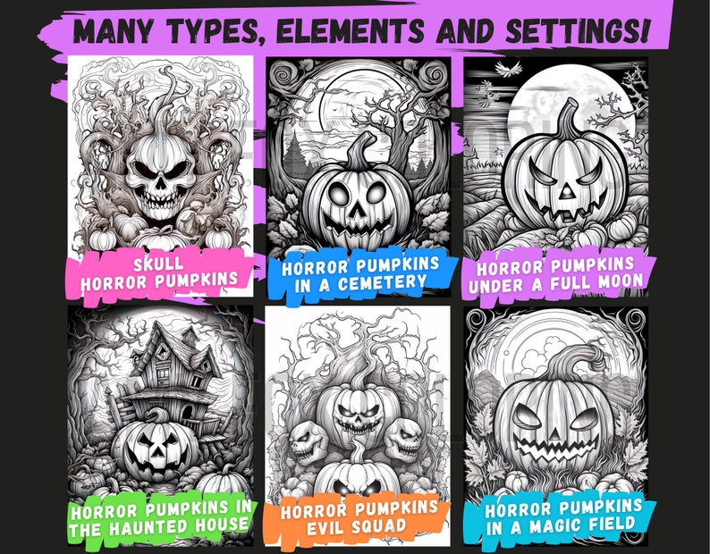 60 Horror Pumpkins Coloring Page, Adults Kids Digital Coloring Sheets ...