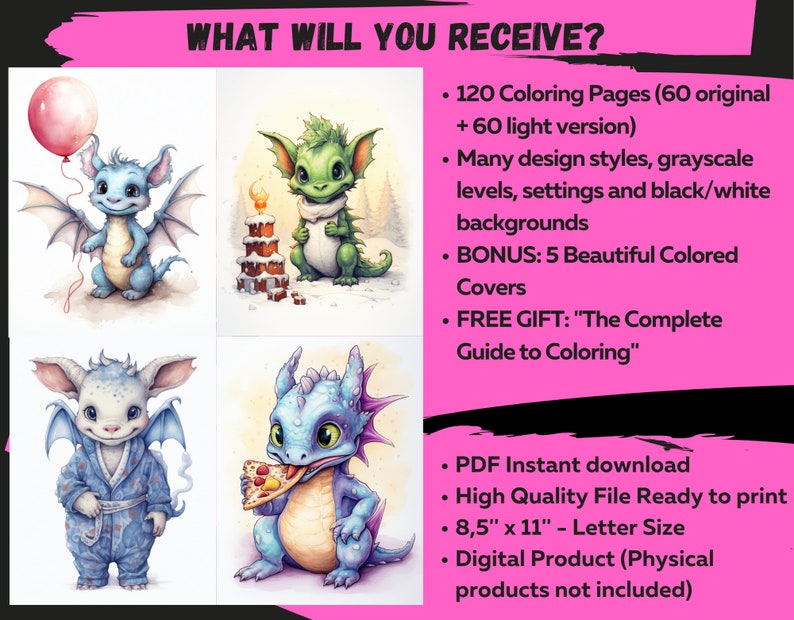 60 Funny Baby Dragon Coloring Pages, Adults Kids Digital Coloring Sheets Printable PDF Book ...