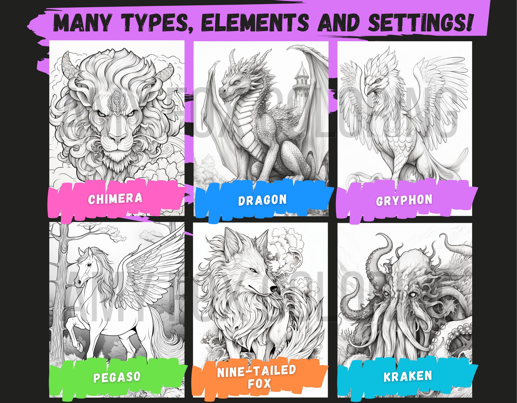 60 Mythical Creatures Coloring Page, Adults Kids Digital Coloring ...