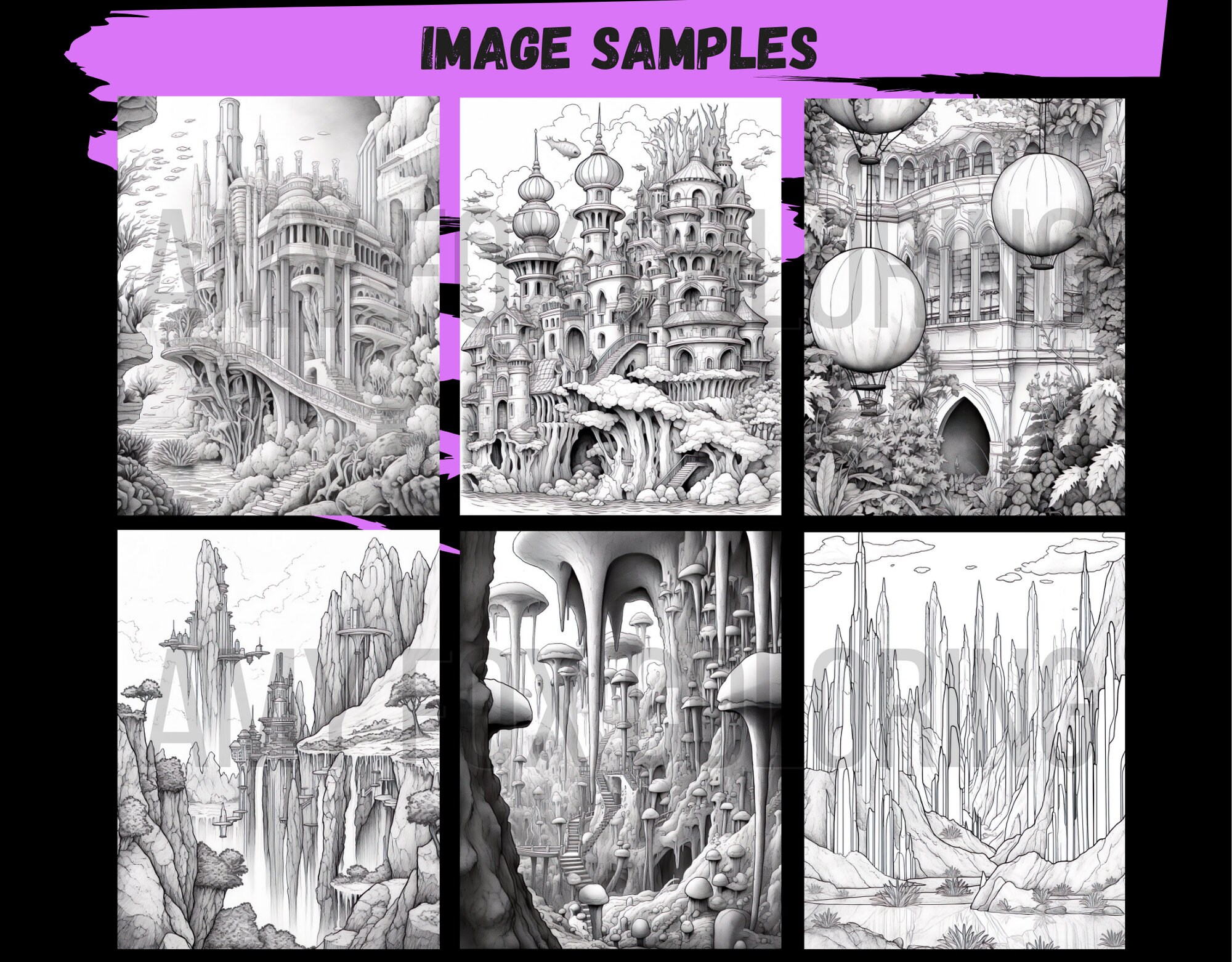 60 Otherworldly Landscapes Coloring Pages, Adults Kids Digital Coloring ...