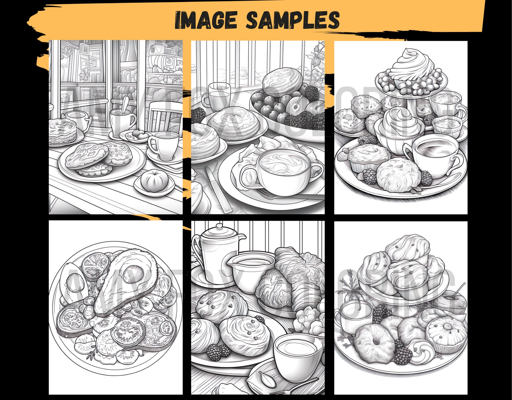 60 Tasty Breakfasts Coloring Pages, Adults Kids Digital Coloring Sheets ...