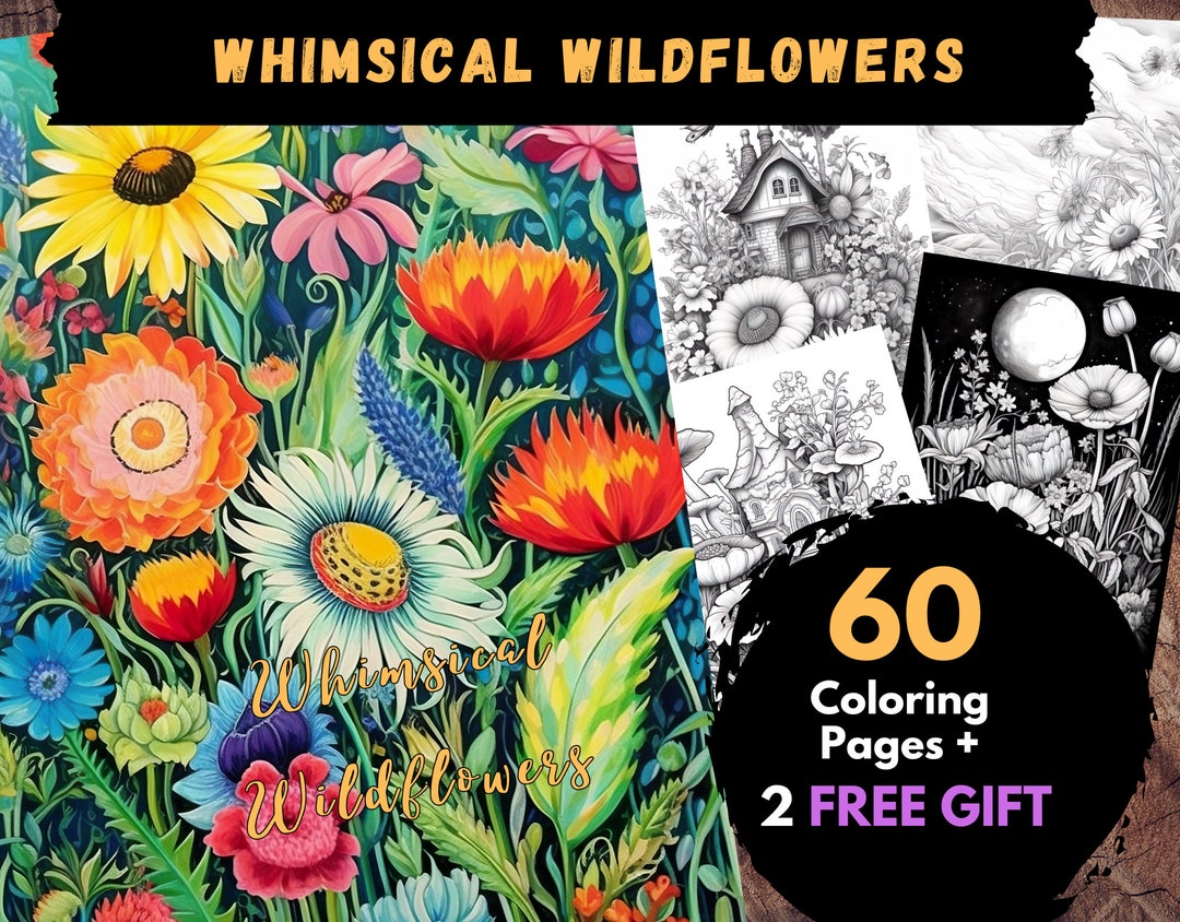 60 Whimsical Wildflowers Coloring Pages, Adults Kids Digital Coloring ...