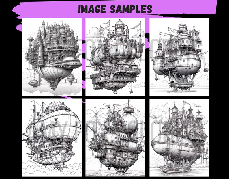 60 Fantasy Airships Coloring Pages, Adults Kids Digital Coloring Sheets ...