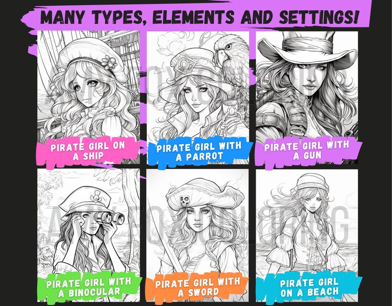 60 piraatmeisjes kleurplaat, volwassenen kinderen digitale kleurplaten ...