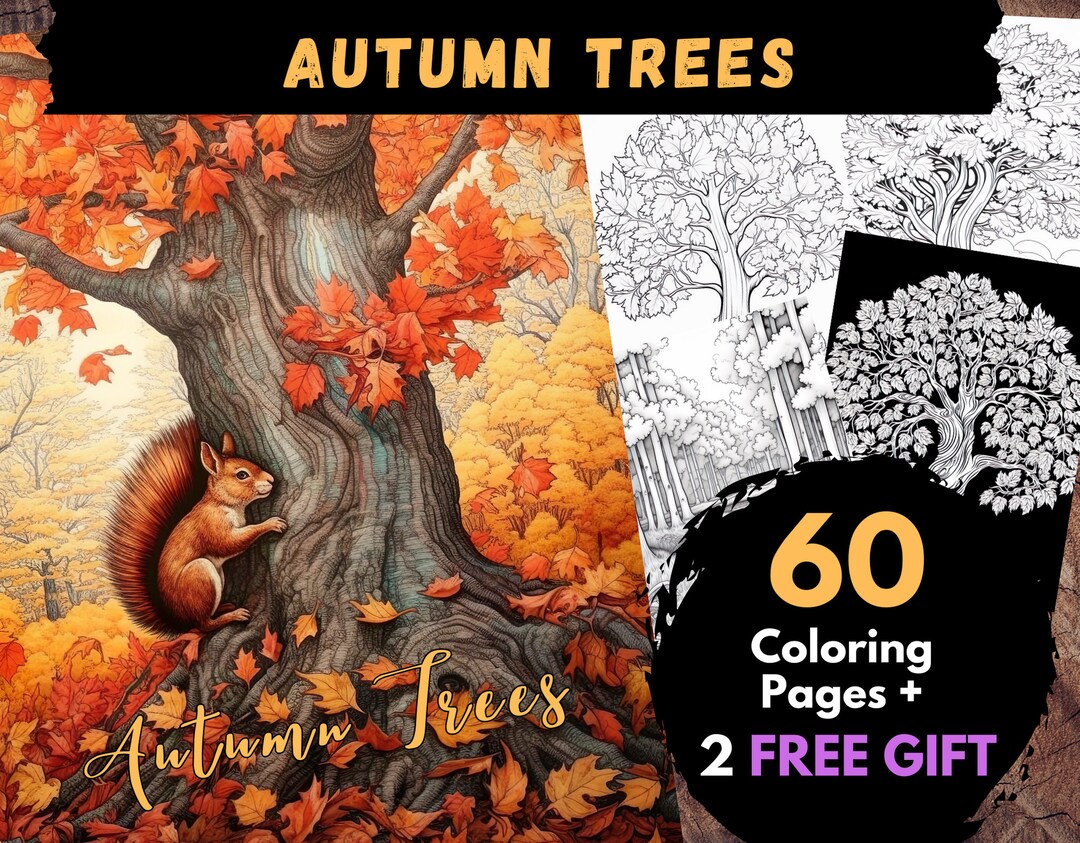 60 Autumn Trees Coloring Pages, Adults Kids Digital Coloring Sheets ...