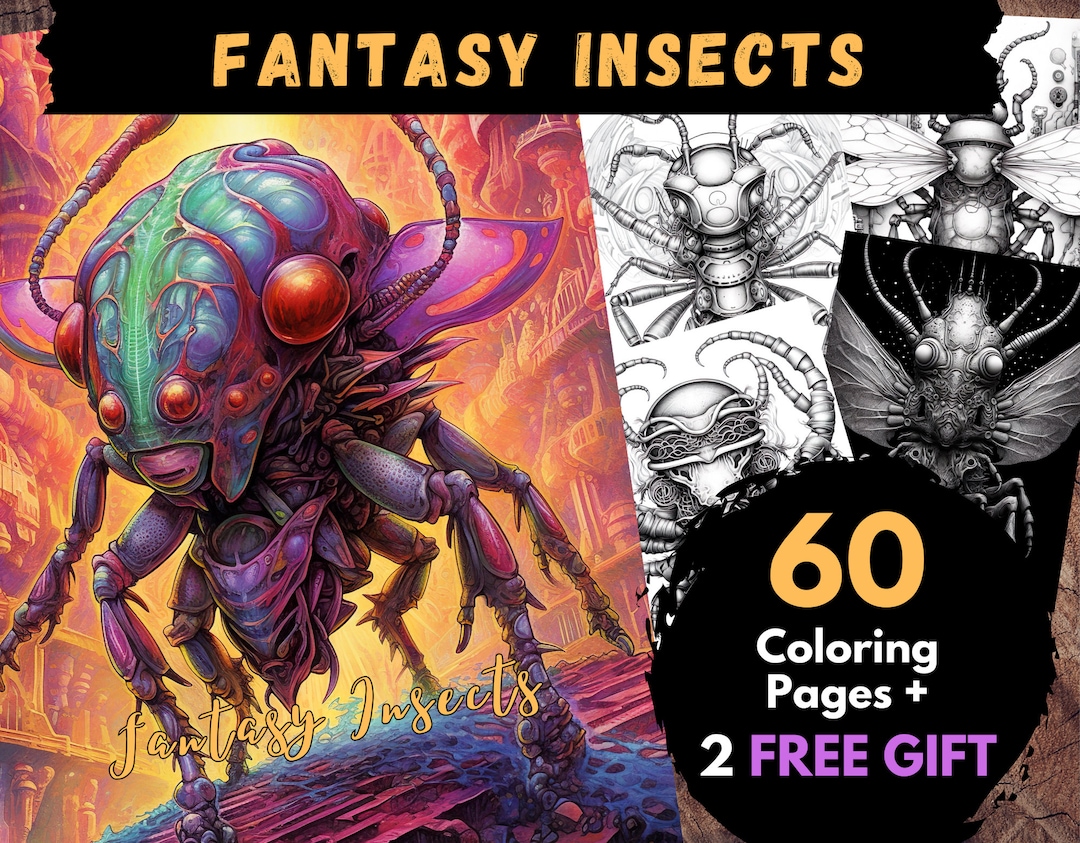 60 Fantasy Insects Coloring Pages, Adults Kids Digital Coloring Sheets ...