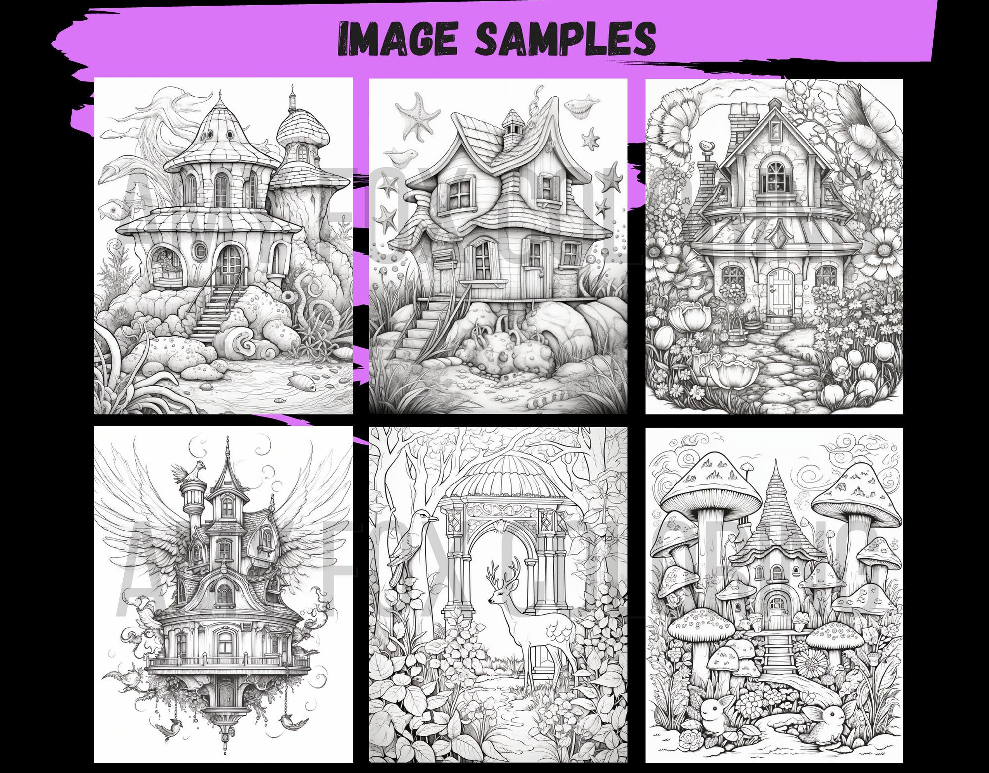 100 Beautiful Fairy Houses Coloring Pages, Adults Kids Digital Coloring ...