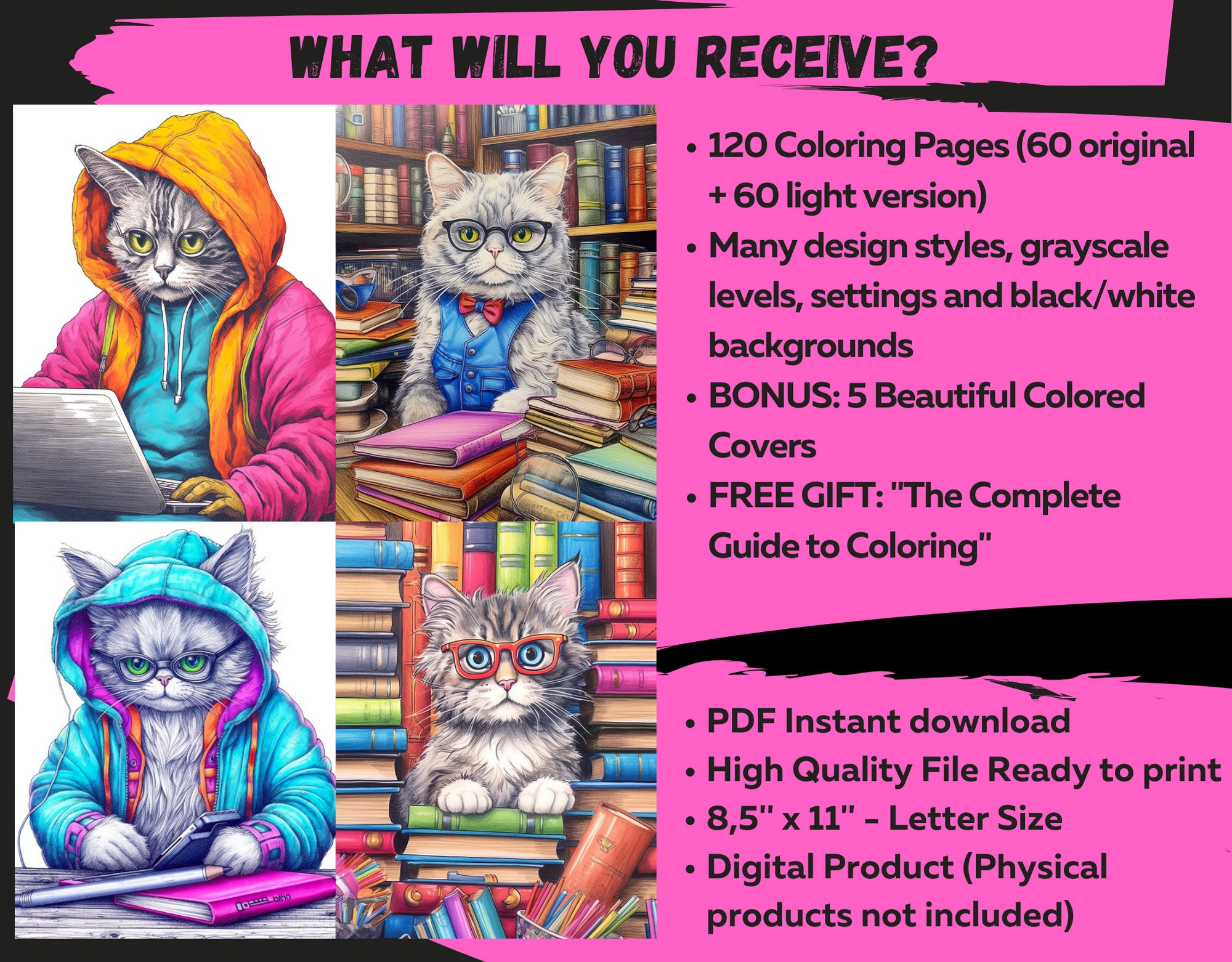 60 Nerd Cats Coloring Pages, Adults Kids Digital Coloring Sheets ...