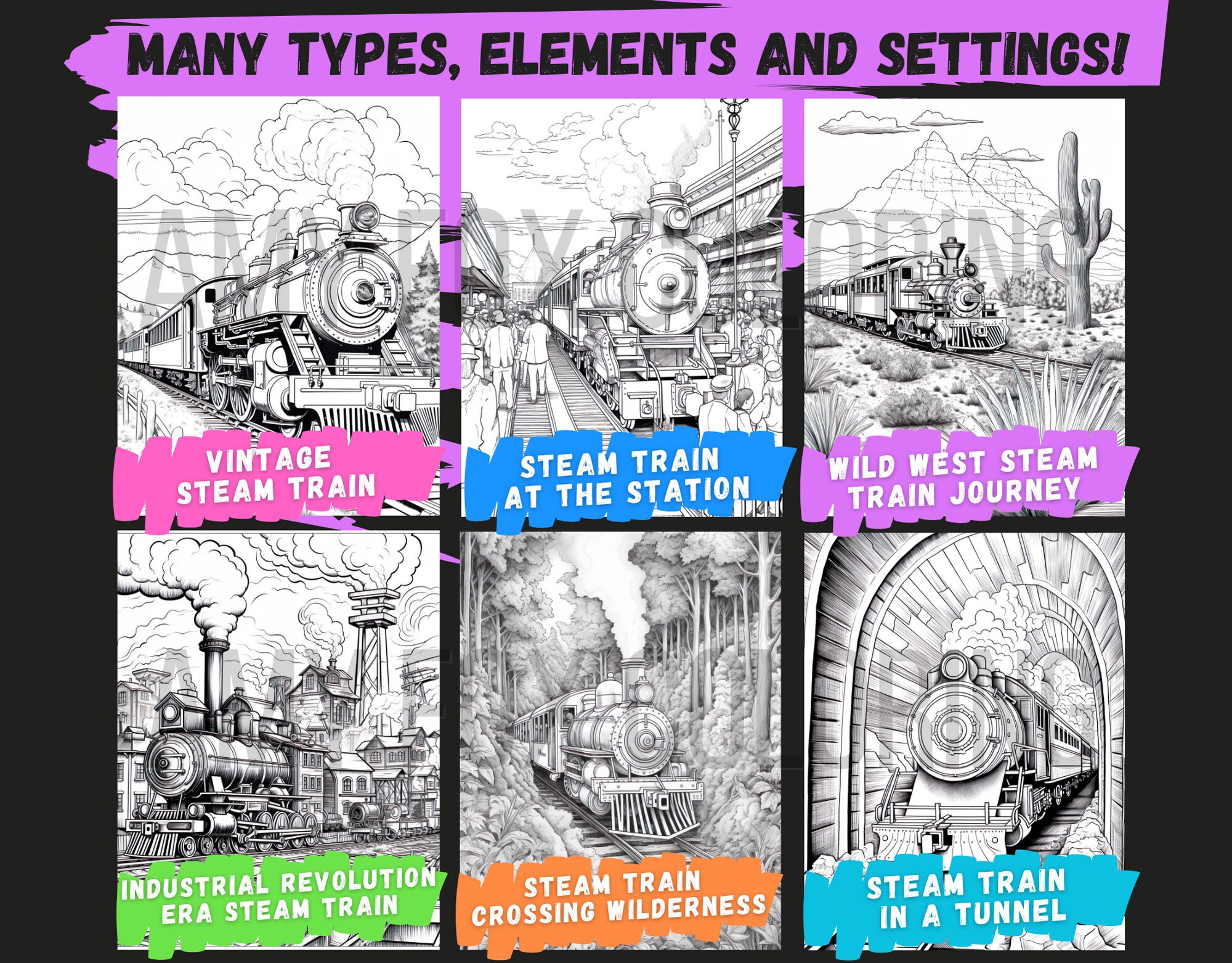 60 Steam Trains Coloring Pages, Adults Kids Digital Coloring Sheets ...