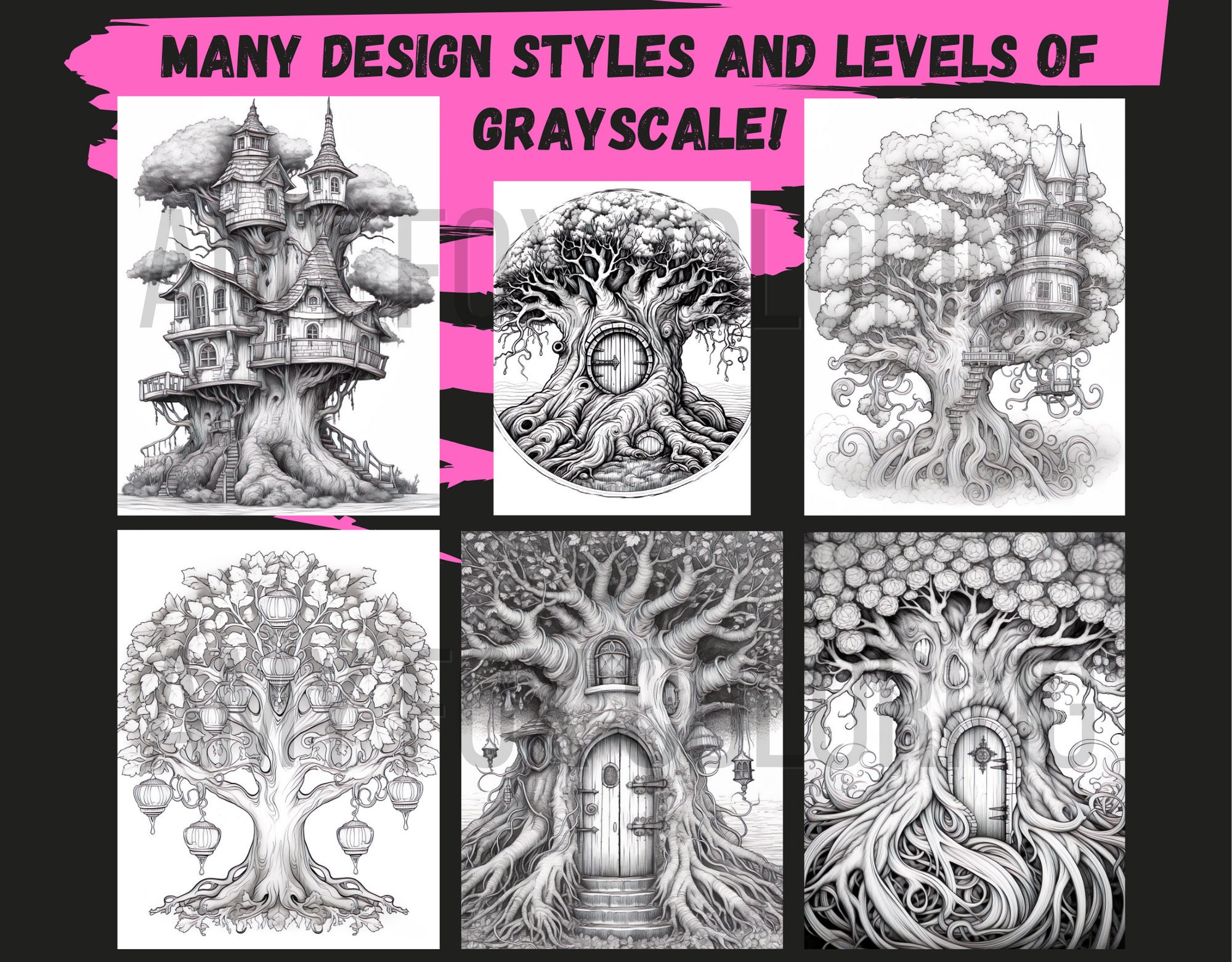 60 Fairy Giant Tree Coloring Pages, Adults Kids Digital Coloring Sheets ...