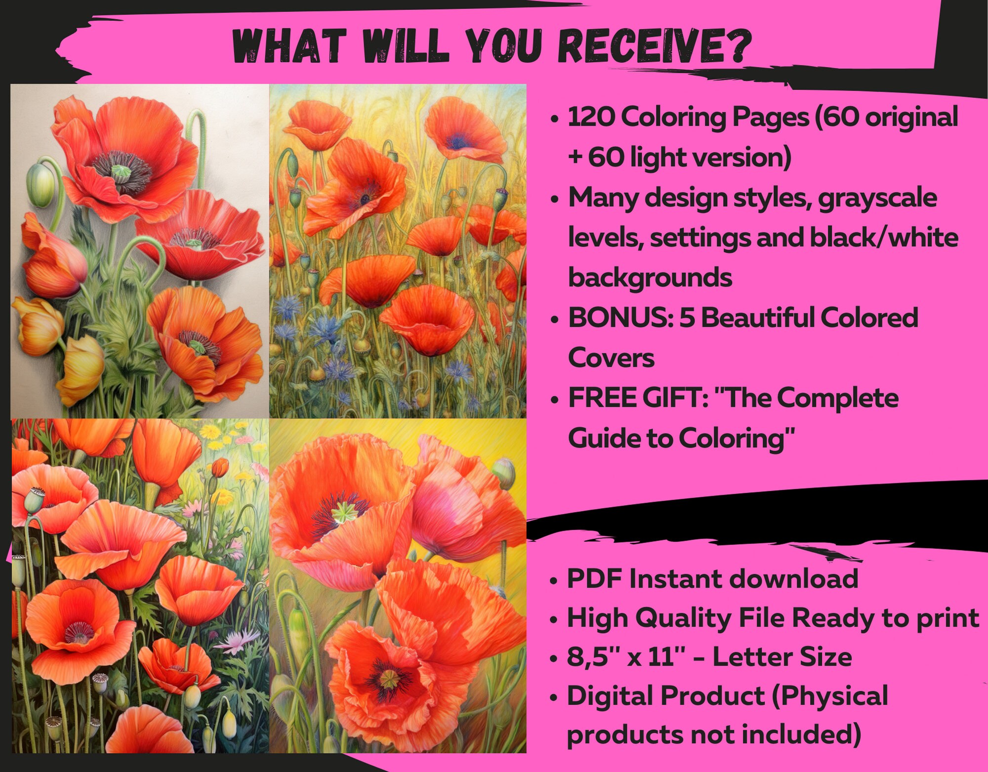 60 Beautiful Poppies Coloring Pages, Adults Kids Digital Coloring ...