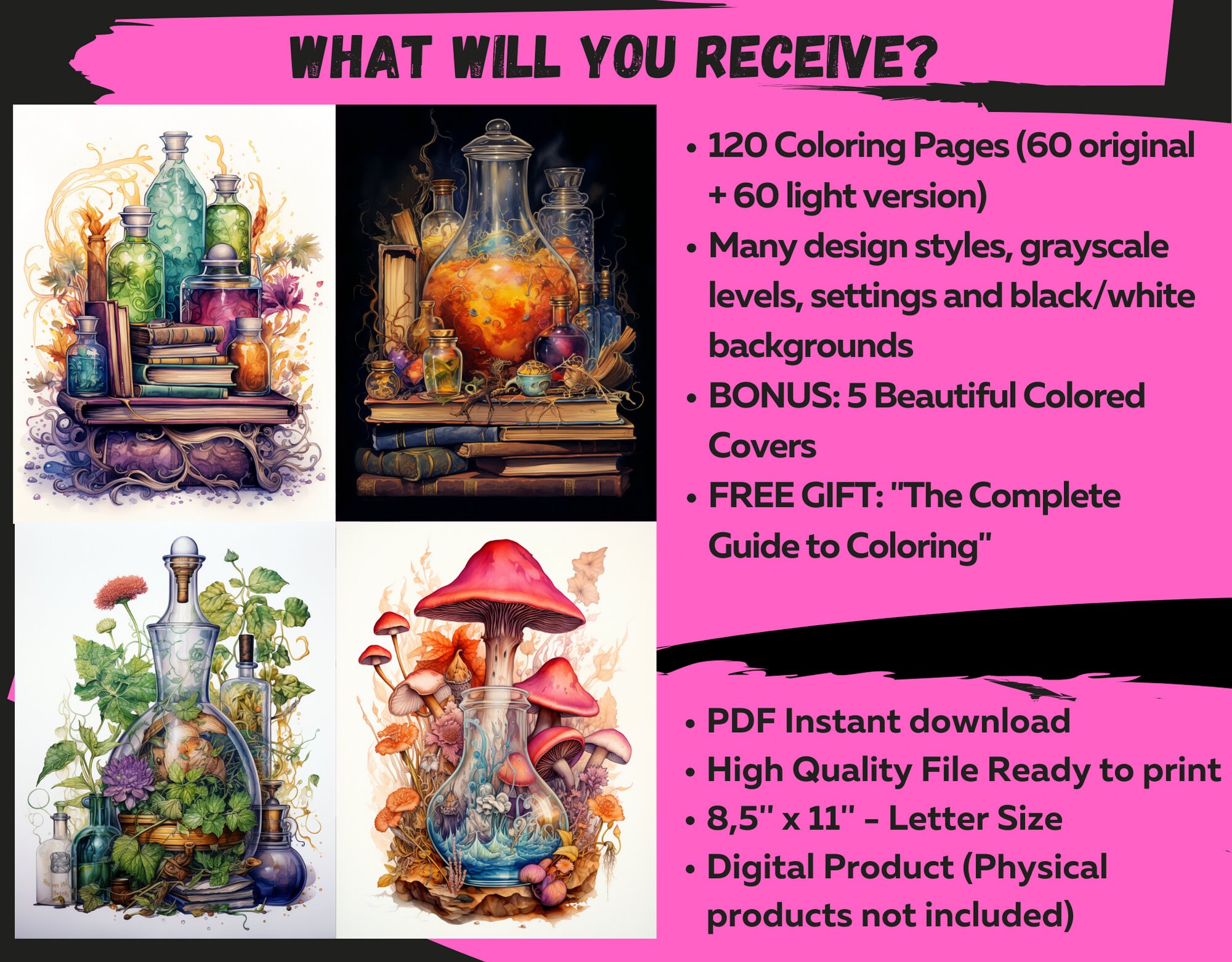 60 Magic Potions Coloring Page, Adults Kids Digital Coloring Sheets ...
