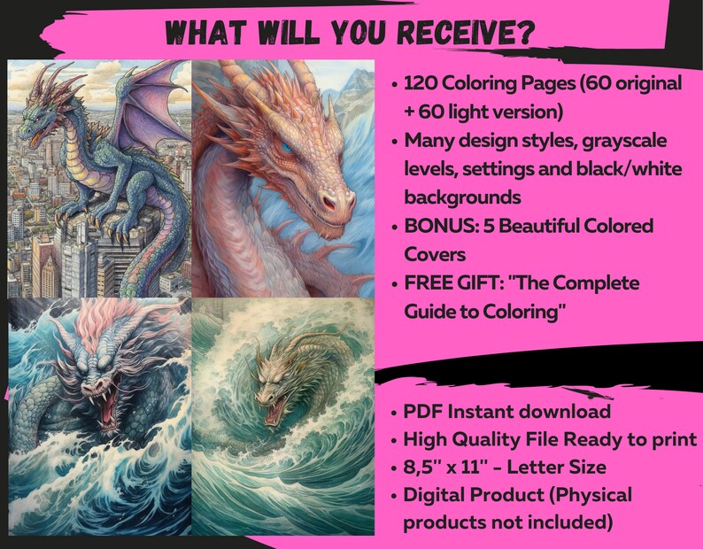60 Fantasy Dragon Coloring Page, Adults Kids Digital Coloring Sheets ...