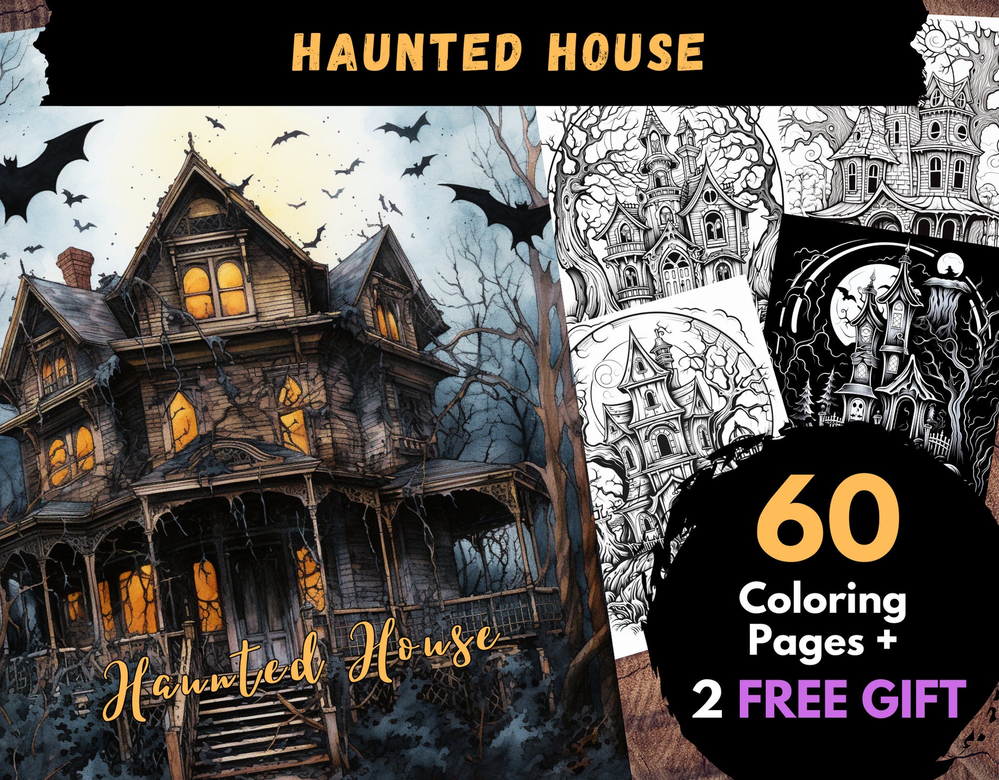 60 Haunted House Coloring Page, Adults Kids Digital Coloring Sheets ...