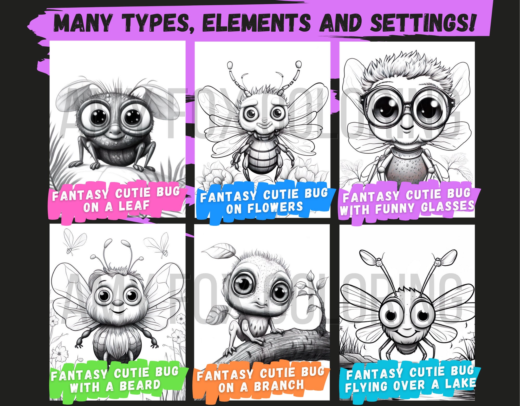 60 Fantasy Cutie Bugs Coloring Pages, Adults Kids Digital Coloring ...