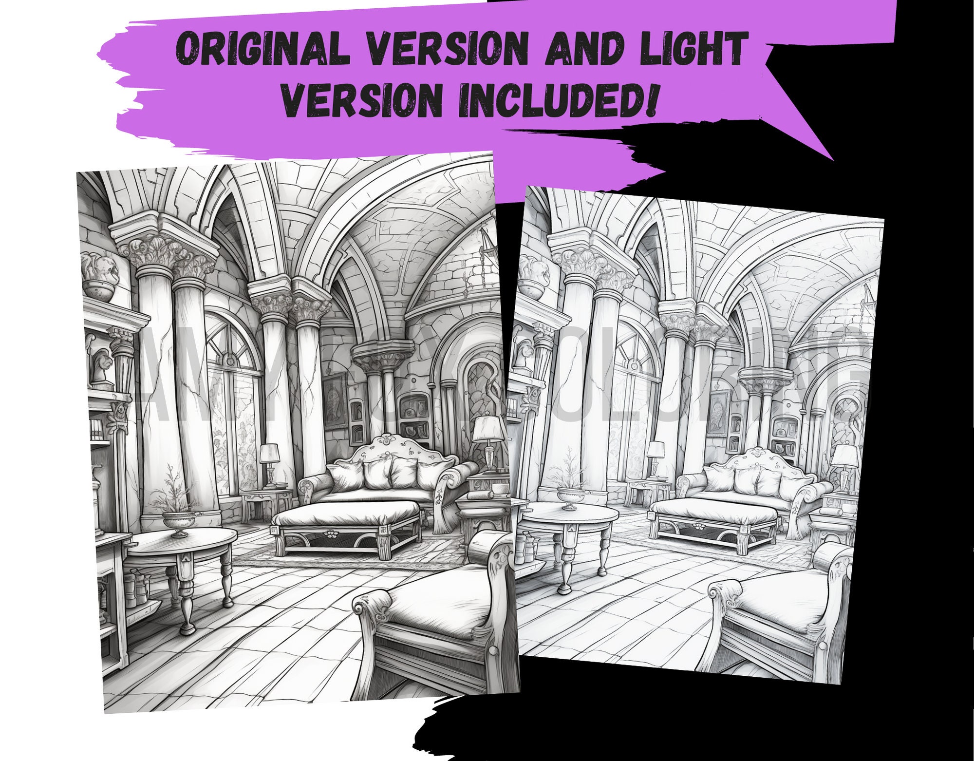 60 Fantasy Interior Coloring Pages, Adults Kids Digital Coloring Sheets ...