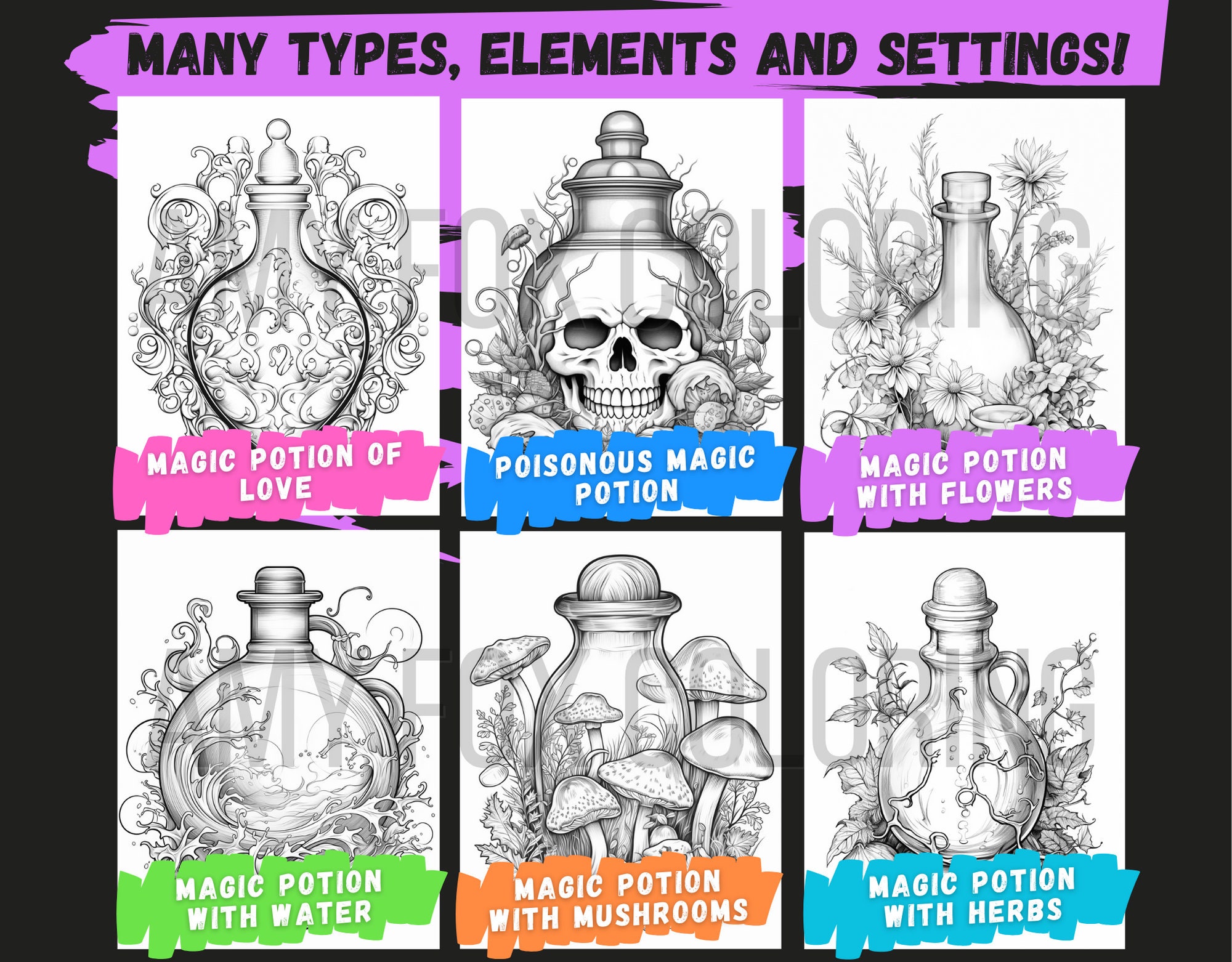 60 Magic Potions Coloring Page, Adults Kids Digital Coloring Sheets ...