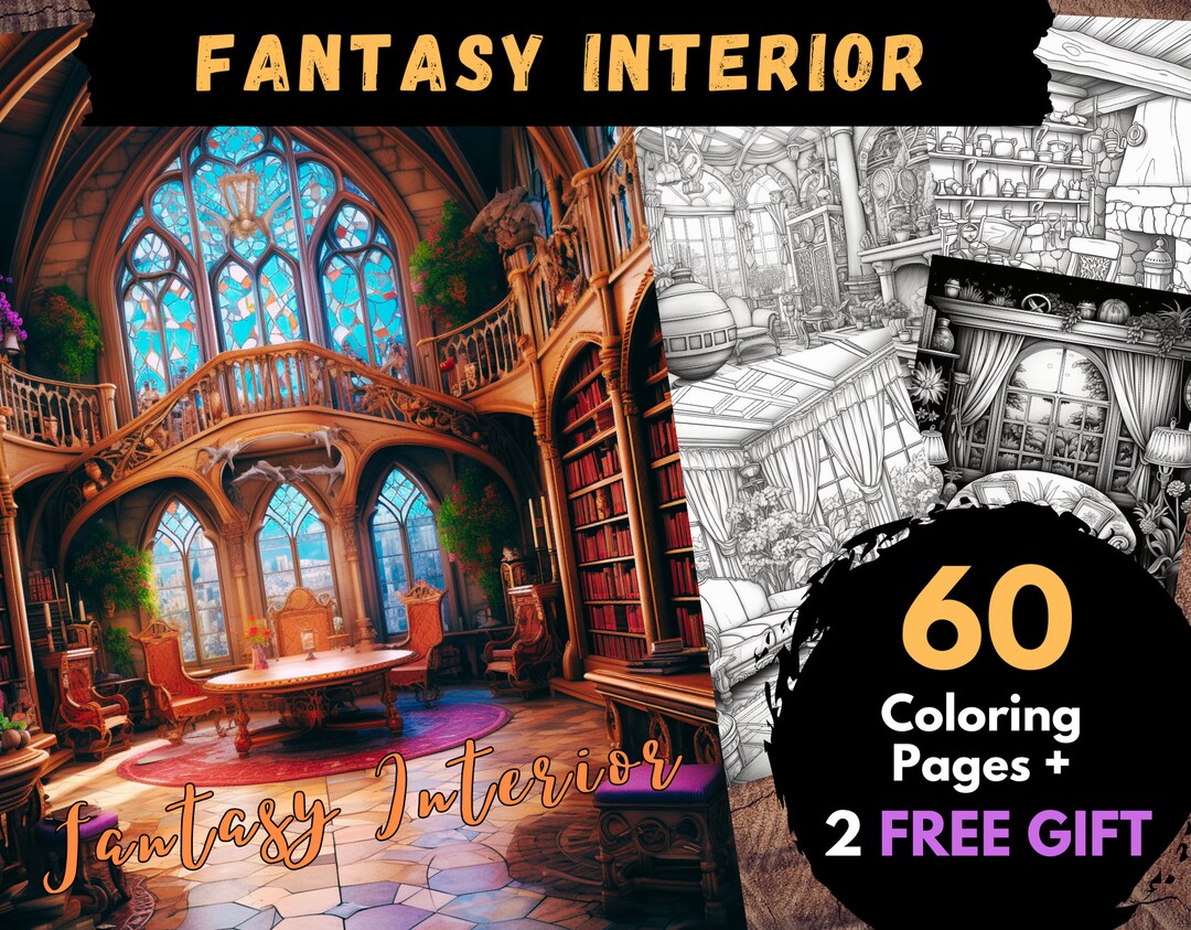 60 Fantasy Interior Coloring Pages, Adults Kids Digital Coloring Sheets ...