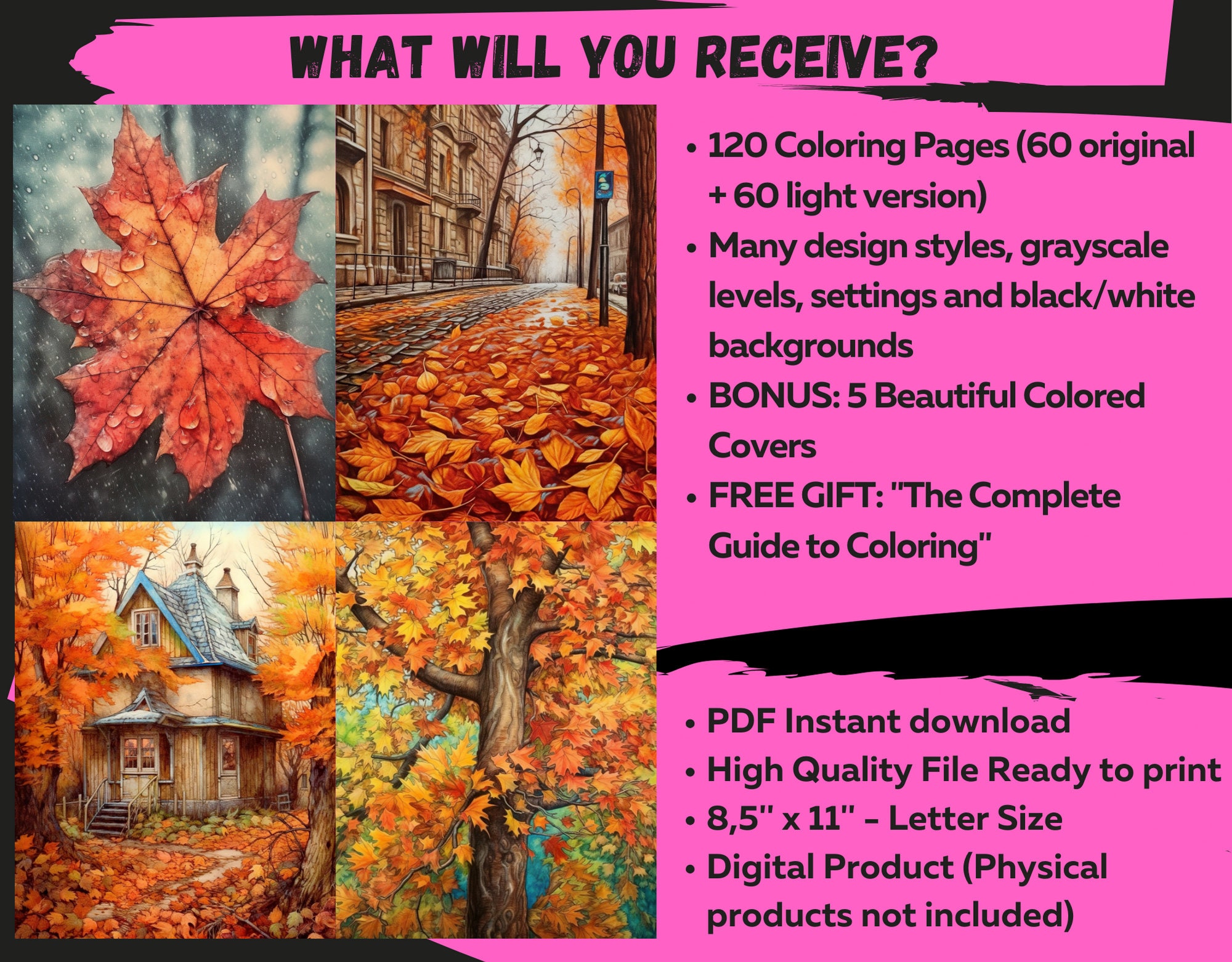 60 Autumn Leaves Coloring Pages, Adults Kids Digital Coloring Sheets ...