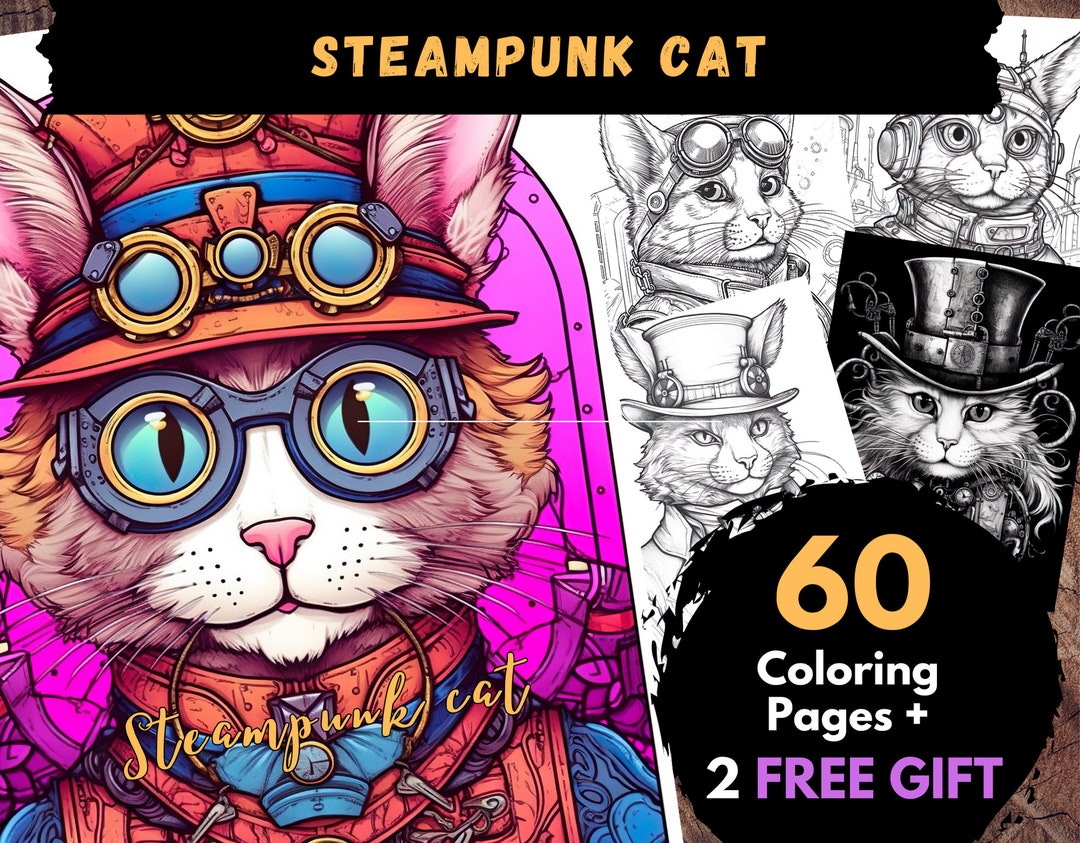 60 Steampunk Cat Coloring Page, Adults Kids Digital Coloring Sheets ...