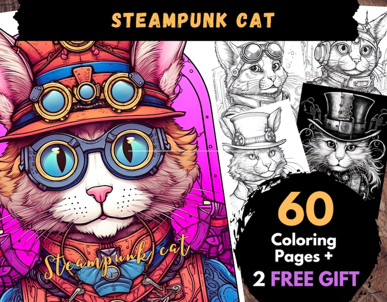 60 Steampunk Cat Coloring Page, Adults Kids Digital Coloring Sheets ...