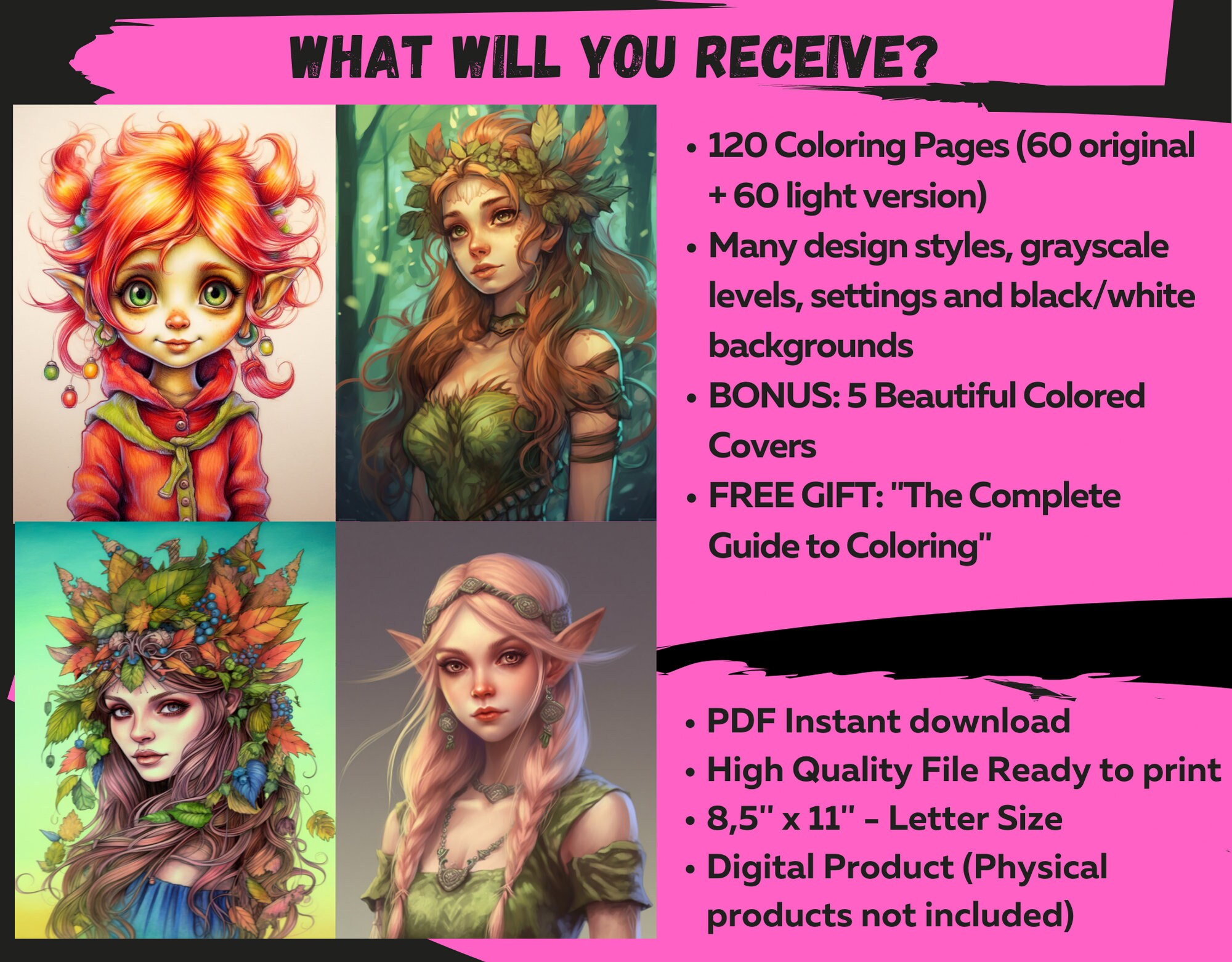 60 Fantasy Elf Girls Coloring Pages, Adults Kids Digital Coloring ...