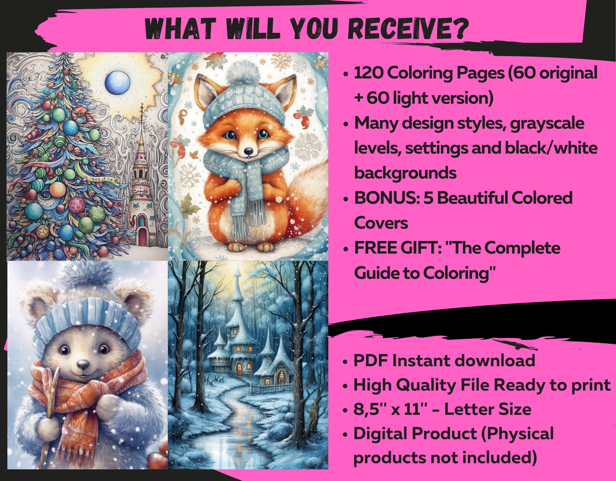 60 Winter Wonderland Coloring Pages, Adults Kids Digital Coloring ...