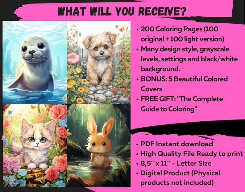 100 Cute Baby Animals Coloring Pages, Adults Kids Digital Coloring ...