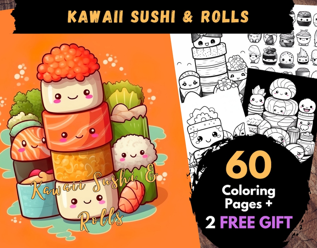 60 Kawaii Sushi & Rolls Coloring Pages, Adults Kids Digital Coloring ...